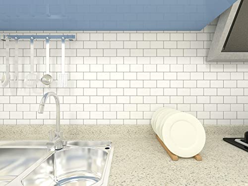 LONGKING 10-Sheet Peel and Stick Tile for Kitchen Backsplash, 12x12 inches Off White Subway Tile with Grey Grout