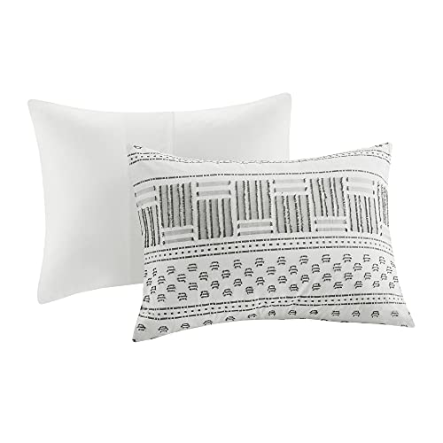 Cotton Farmhouse Comforter Set, King Size Bedding Sets, Dual-Sided Neutral Modern Design, with Boho Style Clipped Jacquard Stripes 3-Pieces /W Matching Pillow Shams (104x90 inches, White/Charcoal)