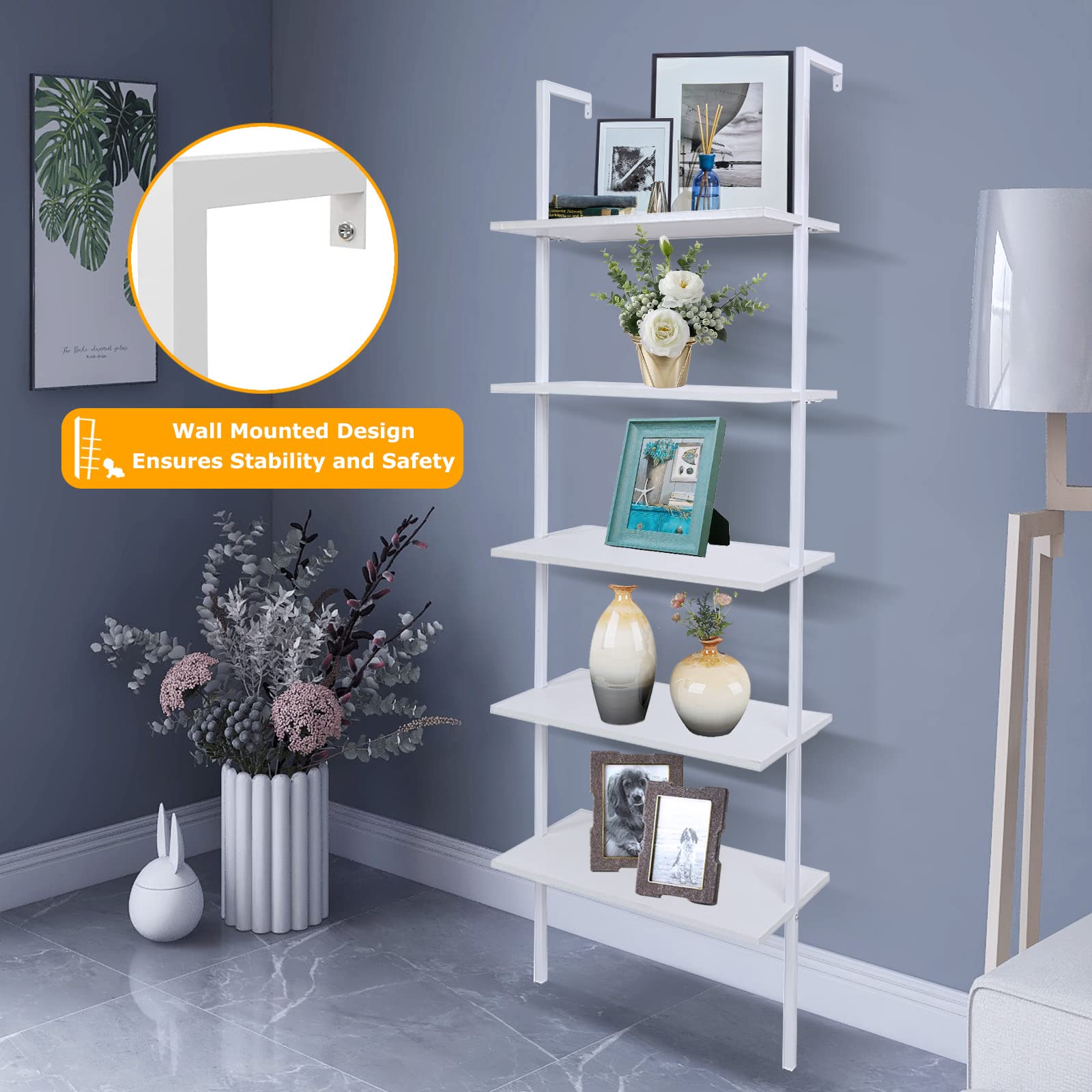 ANTSKU 5 Tier Wall Mounted Ladder Shelf, Ladder Bookshelf with Metal Frame and Wood Shelf, Modern Learning Bookcase for Living Room, Bedroom, Office (23.6" W x 11.8" D x 70.8" H, White)