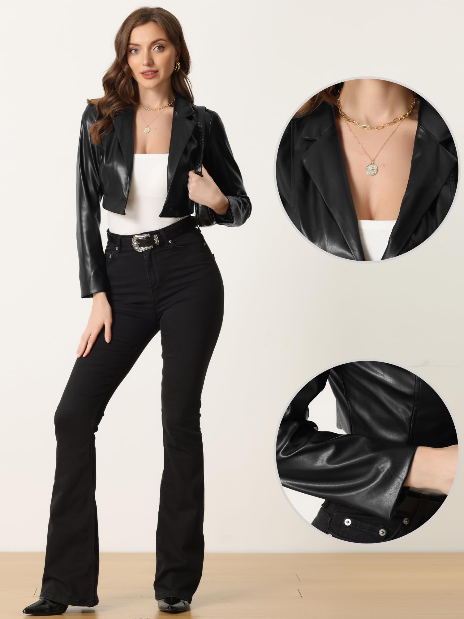 Allegra K Cropped Leather Jacket for Women's PU Casual Moto Jackets X-Large Black