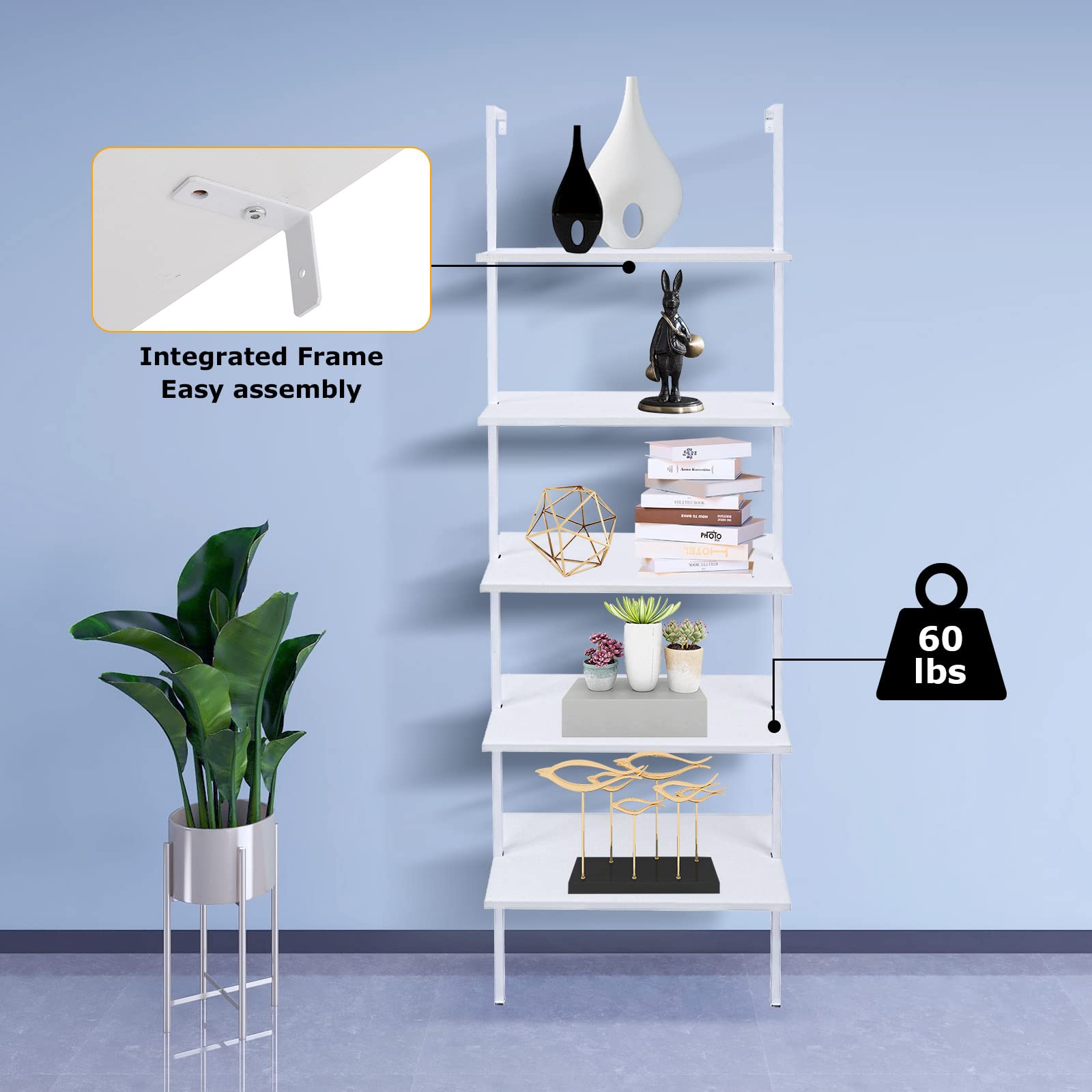 ANTSKU 5 Tier Wall Mounted Ladder Shelf, Ladder Bookshelf with Metal Frame and Wood Shelf, Modern Learning Bookcase for Living Room, Bedroom, Office (23.6" W x 11.8" D x 70.8" H, White)