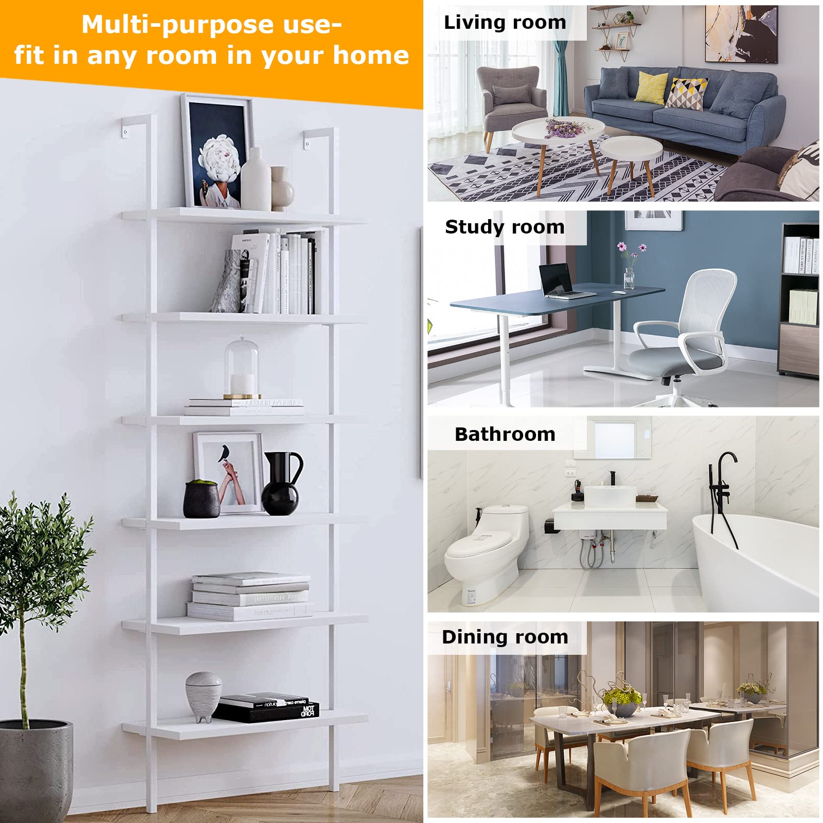 ANTSKU 5 Tier Wall Mounted Ladder Shelf, Ladder Bookshelf with Metal Frame and Wood Shelf, Modern Learning Bookcase for Living Room, Bedroom, Office (23.6" W x 11.8" D x 70.8" H, White)