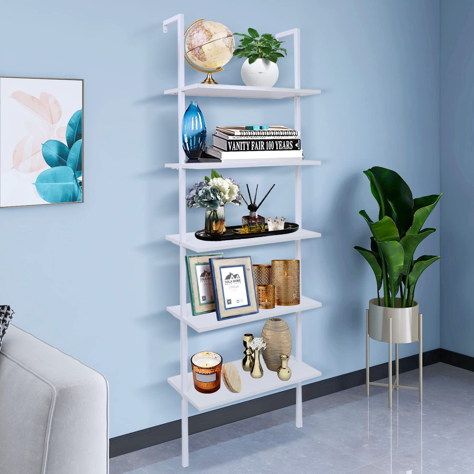 ANTSKU 5 Tier Wall Mounted Ladder Shelf, Ladder Bookshelf with Metal Frame and Wood Shelf, Modern Learning Bookcase for Living Room, Bedroom, Office (23.6" W x 11.8" D x 70.8" H, White)