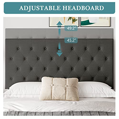 HOOMIC Queen Bed Frame with Adjustable Diamond Tufted Headboard / Fabric Upholstered Platform Bed Frame / Mattress Foundation / Wooden Slats / No Box Spring Needed / Easy Assembly, Dark Grey