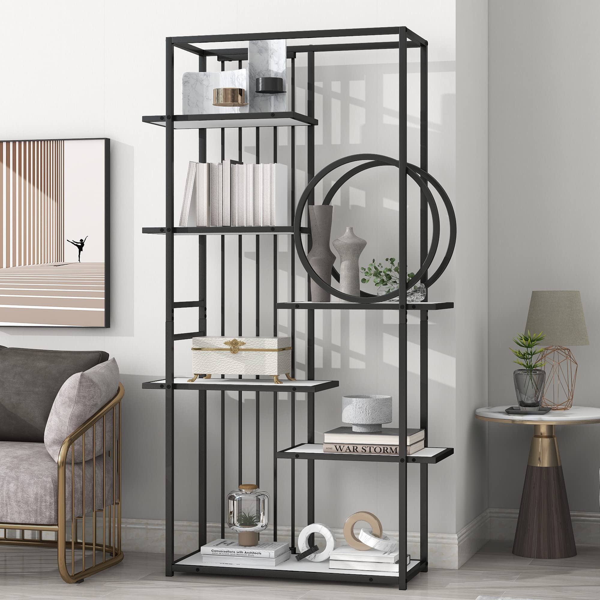 6-Tier Bookcase White Bookshelf, Modern Storage Display Shelf Rack, Metal Frame