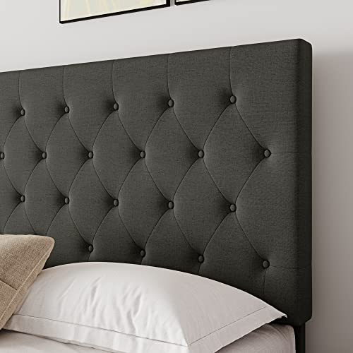 HOOMIC Queen Bed Frame with Adjustable Diamond Tufted Headboard / Fabric Upholstered Platform Bed Frame / Mattress Foundation / Wooden Slats / No Box Spring Needed / Easy Assembly, Dark Grey