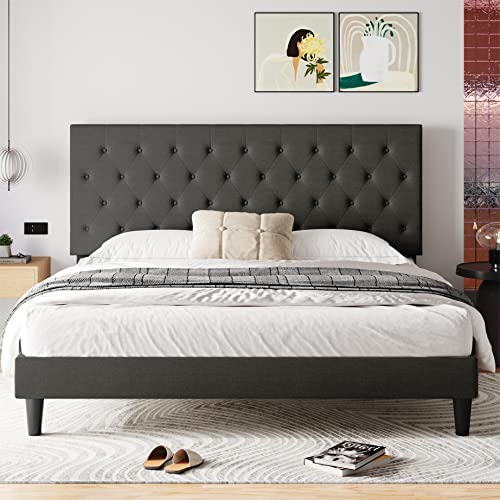 HOOMIC Queen Bed Frame with Adjustable Diamond Tufted Headboard / Fabric Upholstered Platform Bed Frame / Mattress Foundation / Wooden Slats / No Box Spring Needed / Easy Assembly, Dark Grey