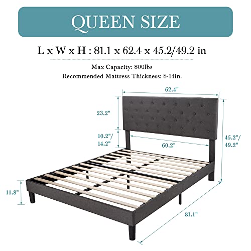 HOOMIC Queen Bed Frame with Adjustable Diamond Tufted Headboard / Fabric Upholstered Platform Bed Frame / Mattress Foundation / Wooden Slats / No Box Spring Needed / Easy Assembly, Dark Grey