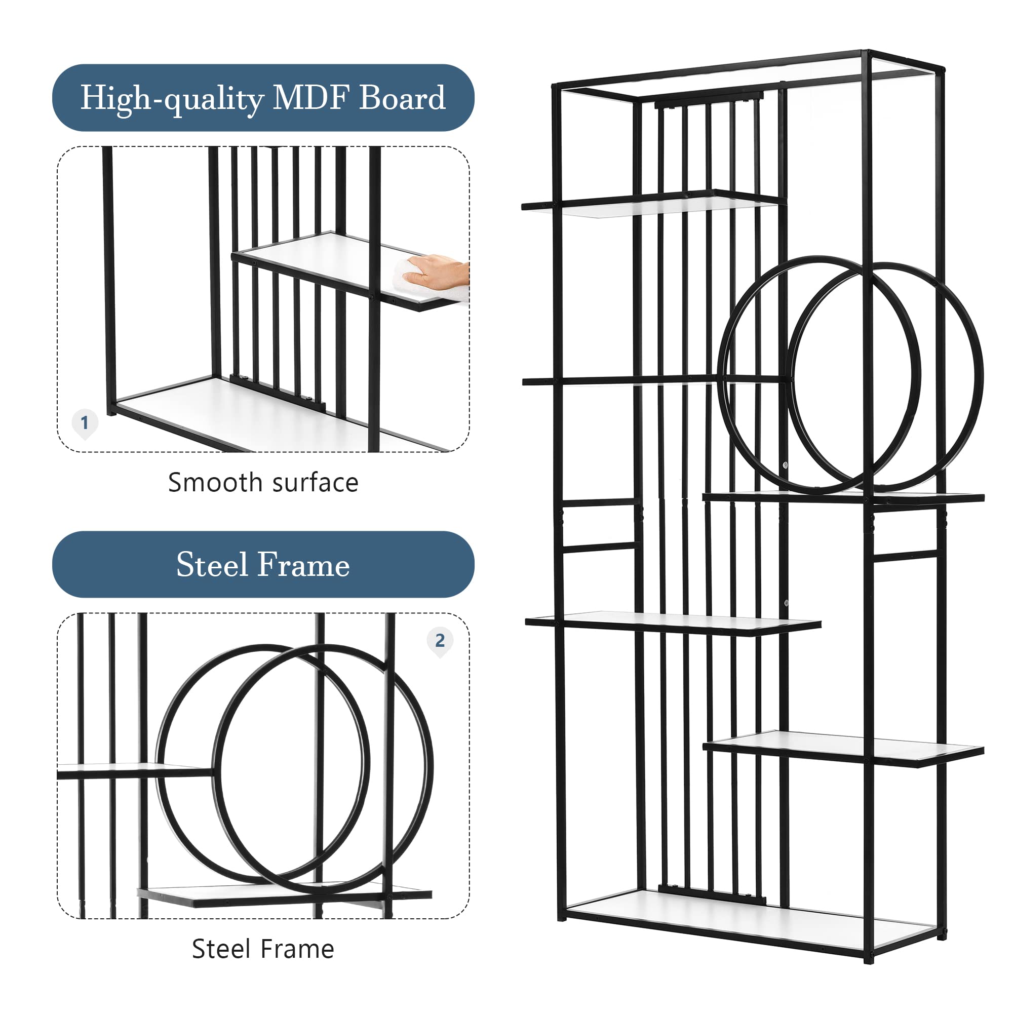 6-Tier Bookcase White Bookshelf, Modern Storage Display Shelf Rack, Metal Frame