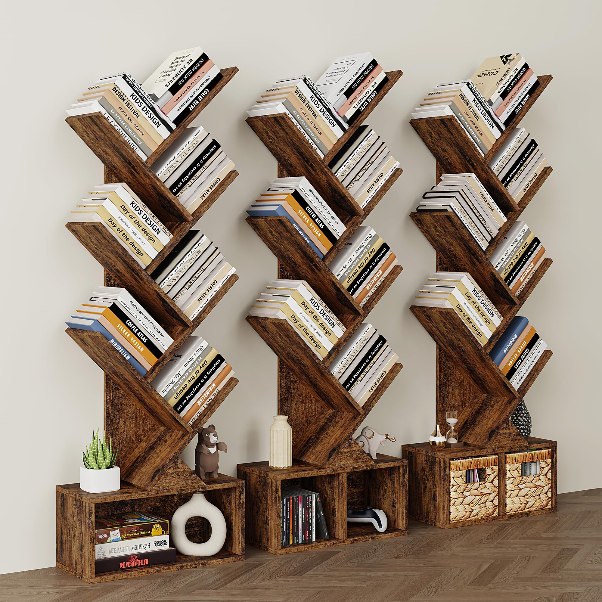 Vagusicc Tree Bookshelf, 6 Tier Bookshelf with Storage, Tall Narrow Bookcase, Rustic Wood Book Storage Rack for CDs/Books, Small Book Organizer Shelves for Bedroom, Living Room, Home Office, Brown