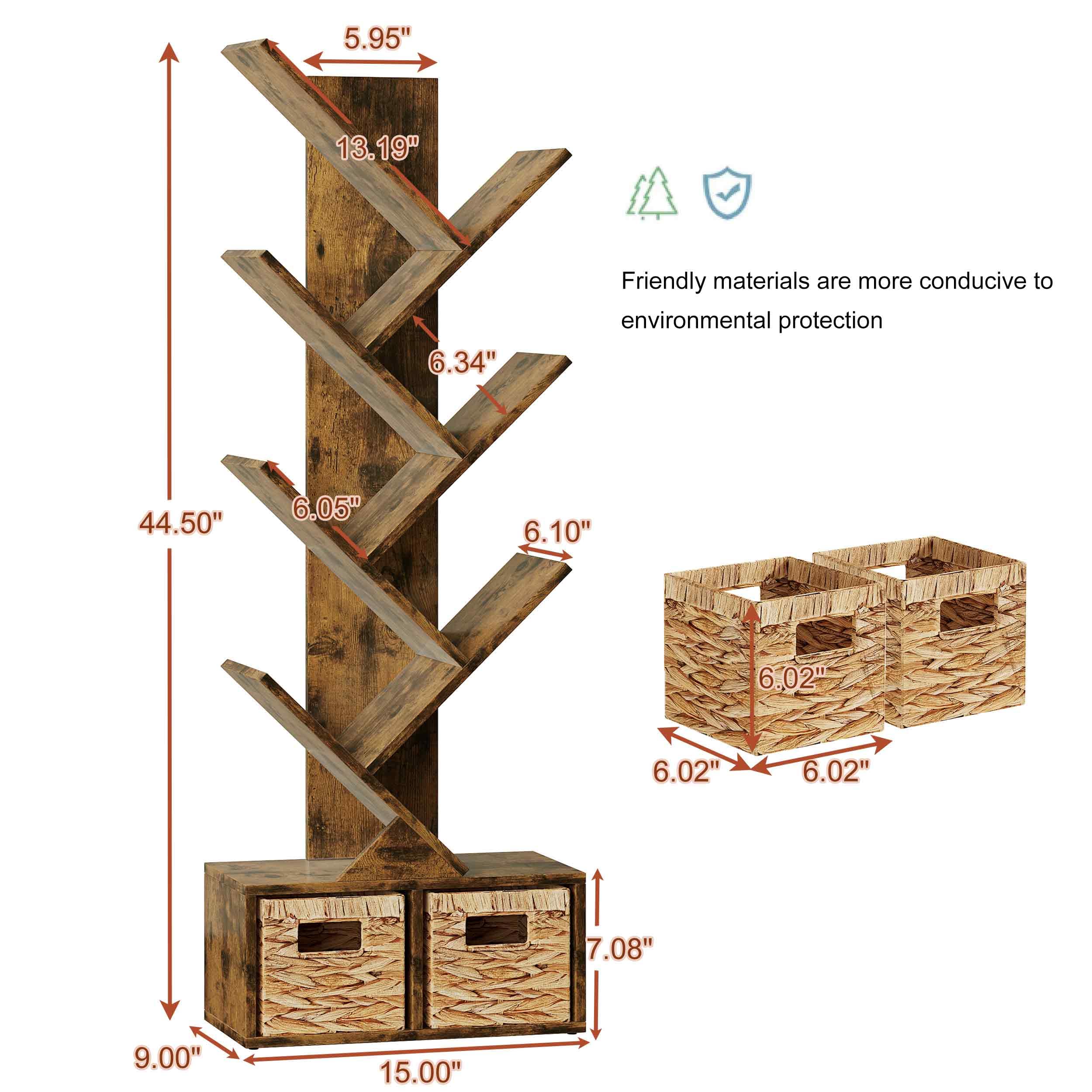 Vagusicc Tree Bookshelf, 6 Tier Bookshelf with Storage, Tall Narrow Bookcase, Rustic Wood Book Storage Rack for CDs/Books, Small Book Organizer Shelves for Bedroom, Living Room, Home Office, Brown