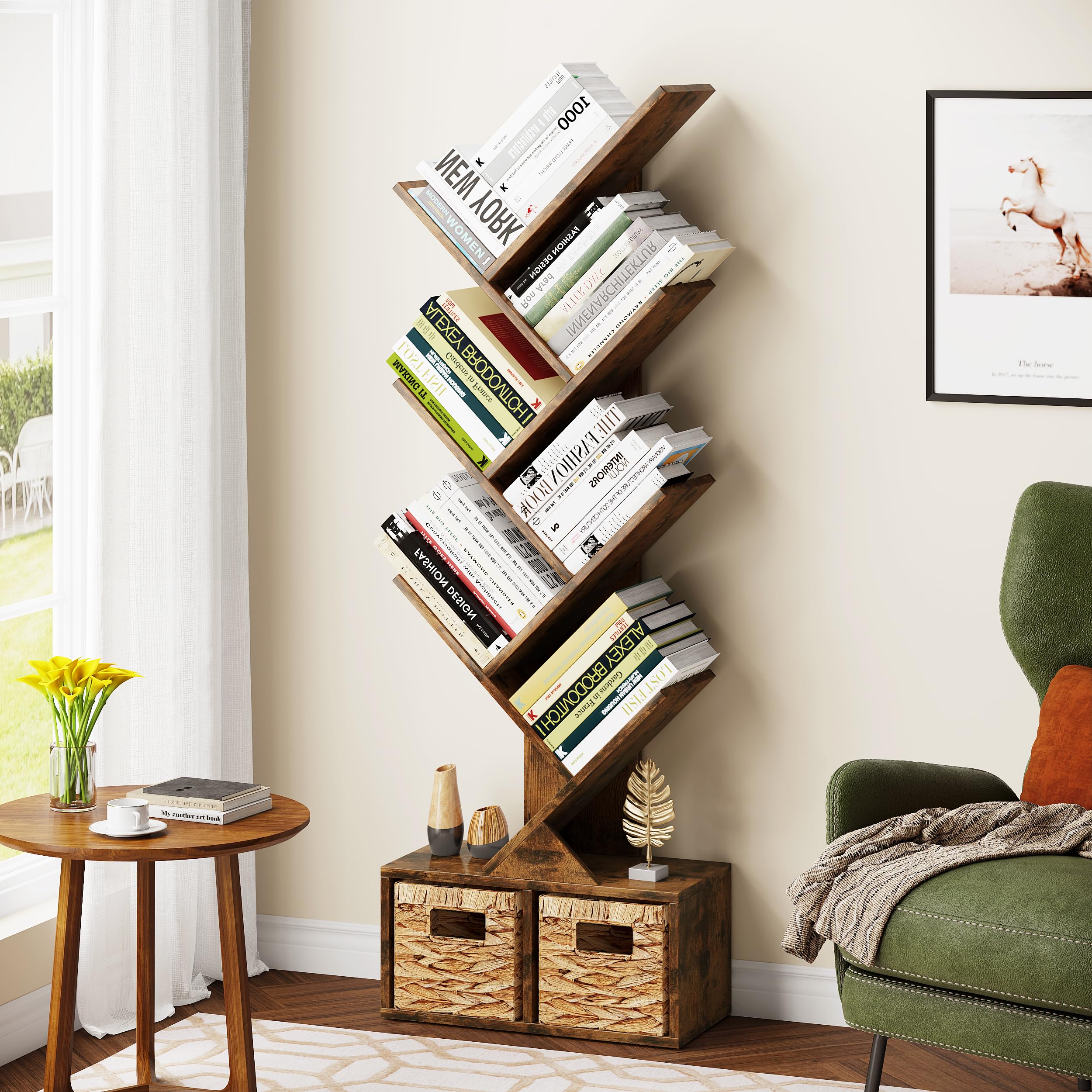 Vagusicc Tree Bookshelf, 6 Tier Bookshelf with Storage, Tall Narrow Bookcase, Rustic Wood Book Storage Rack for CDs/Books, Small Book Organizer Shelves for Bedroom, Living Room, Home Office, Brown