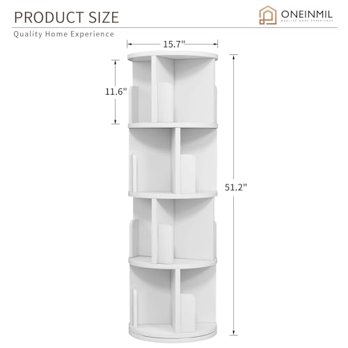 oneinmil 360° Rotating Bookshelf, Small Corner Bookcase with Small Footprint, 4 Tier Standing Bookcase for Kids&Adults, Wood Bookshelf Designed for Living Room, White