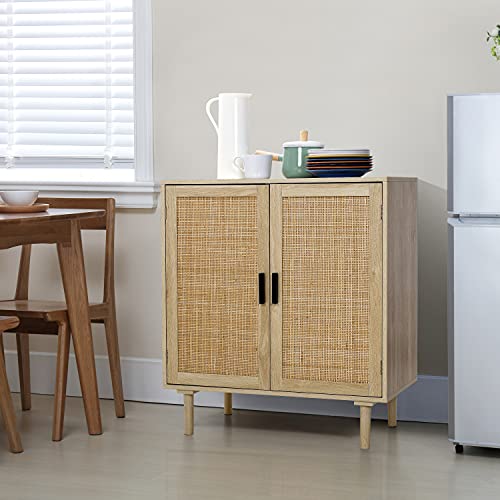 Finnhomy Sideboard Buffet Cabinet, Kitchen Storage Cabinet with Rattan Decorated Doors, Liquor Cabinet, Dining Room, Hallway, Cupboard Console Table, Accent Cabinet, 31.5X 15.8X 34.6 Inches, Natural