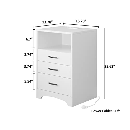 White Nightstand with Charging Station, Nightstands and Modern End Side Table with 3 Drawer, Wooden Cabinet Stand by Sofa, Bedside Tables for Bedroom with USB Ports Outlet & Open Storage