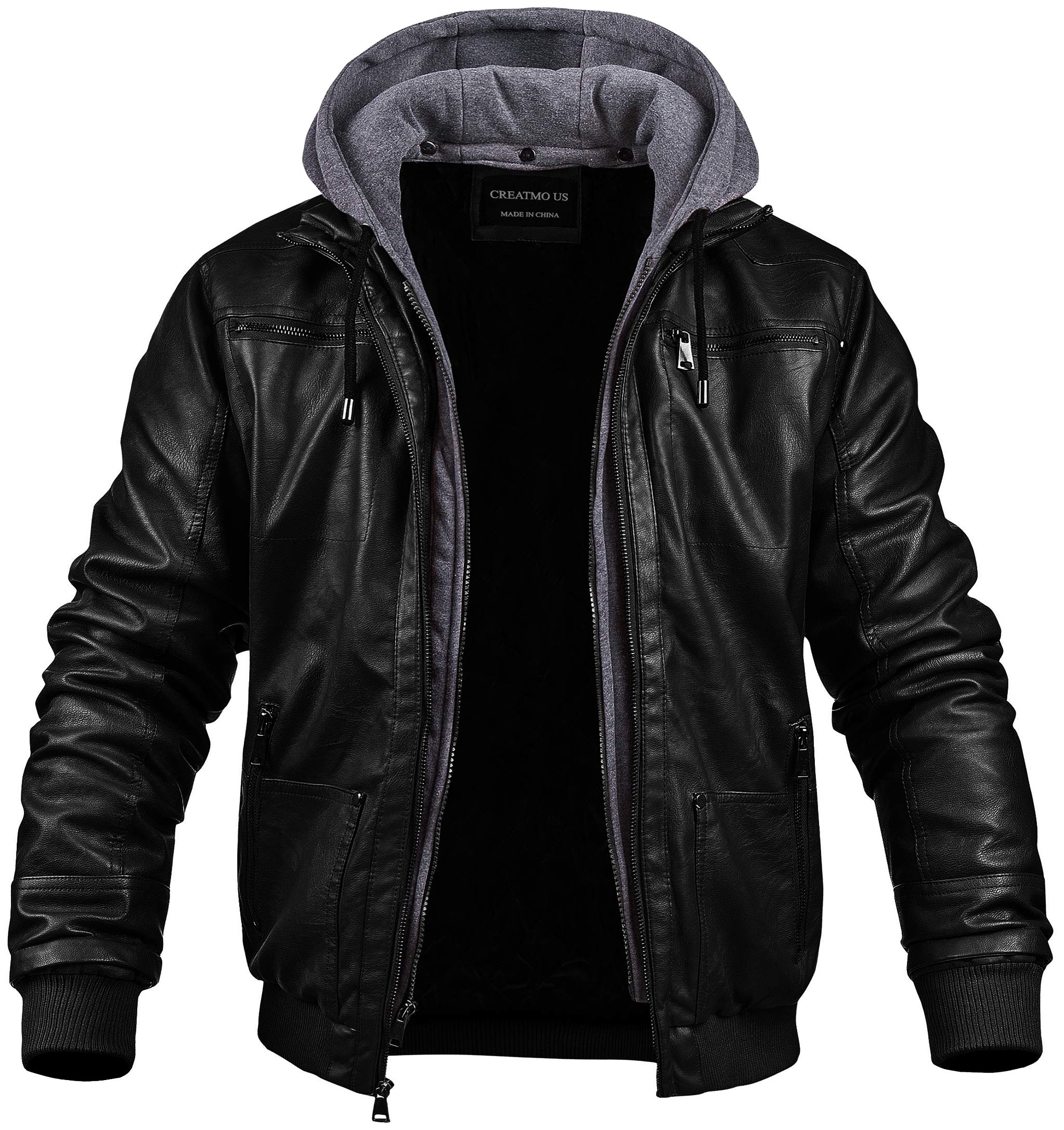 CREATMO US Men's Faux Leather Jacket Vintage Motorcycle Jacket Classic Biker Jacket Black L