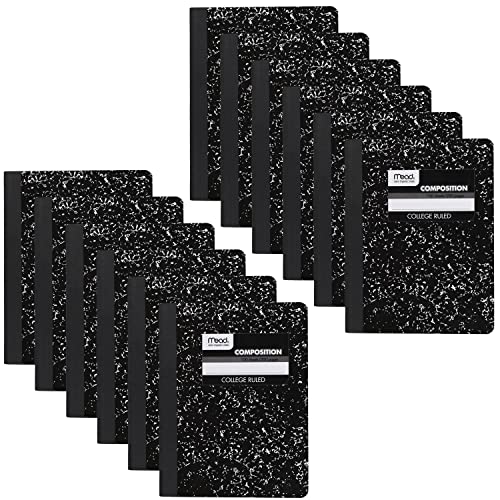Mead Composition Notebook, 12 Pack, College Ruled Paper, 9-3/4" x 7-1/2", 100 Sheets per Notebook, Black Marble (72938)