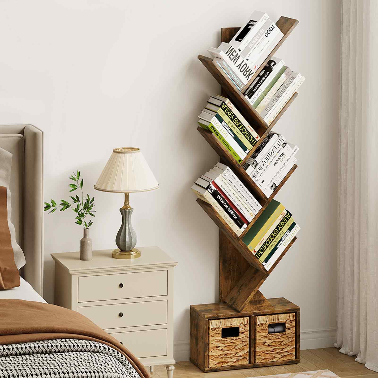 Vagusicc Tree Bookshelf, 6 Tier Bookshelf with Storage, Tall Narrow Bookcase, Rustic Wood Book Storage Rack for CDs/Books, Small Book Organizer Shelves for Bedroom, Living Room, Home Office, Brown