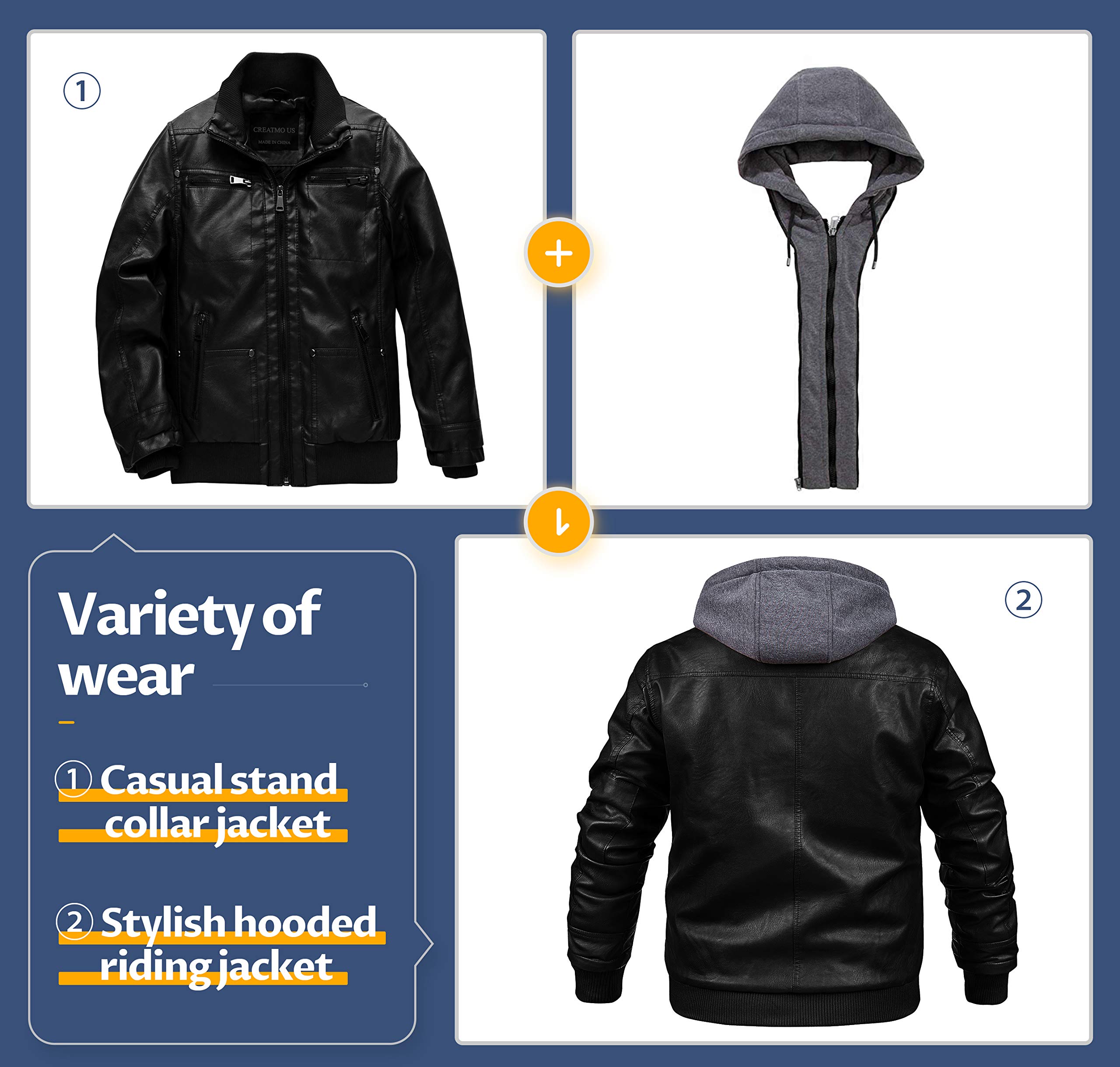 CREATMO US Men's Faux Leather Jacket Vintage Motorcycle Jacket Classic Biker Jacket Black L