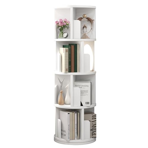 oneinmil 360° Rotating Bookshelf, Small Corner Bookcase with Small Footprint, 4 Tier Standing Bookcase for Kids&Adults, Wood Bookshelf Designed for Living Room, White