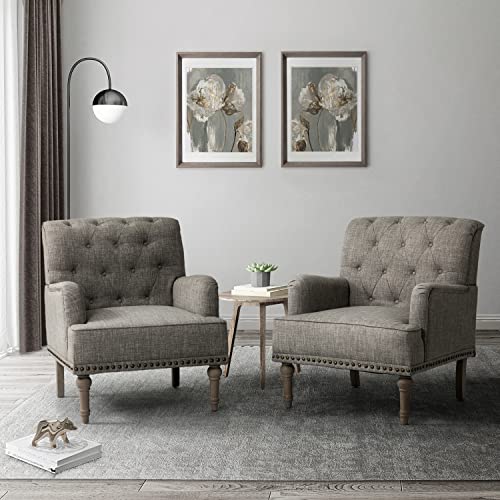 HULALA HOME Set of 2 Modern Accent Chair with Retro Wood Legs, Comfy Upholstered Armchair with Button-Tufted and Nailhead Trim for Living Room Bedroom, Grey