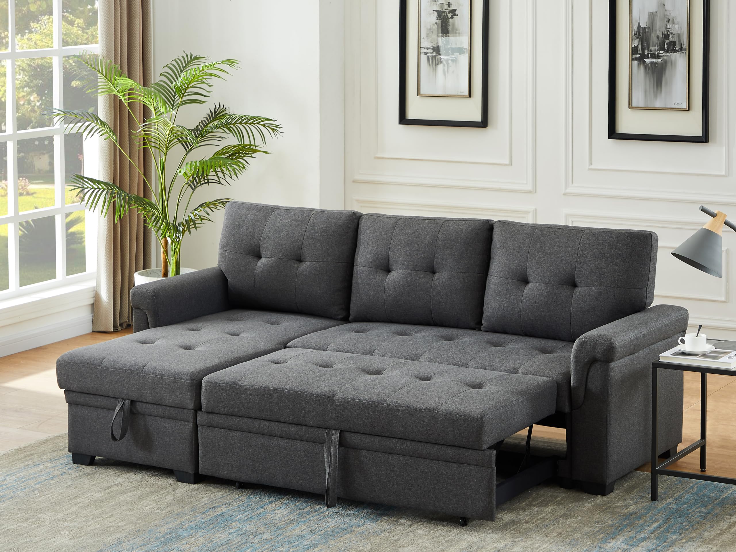Lilola Home Lucca Dark Gray Linen Reversible Sleeper Sectional Sofa with Storage Chaise
