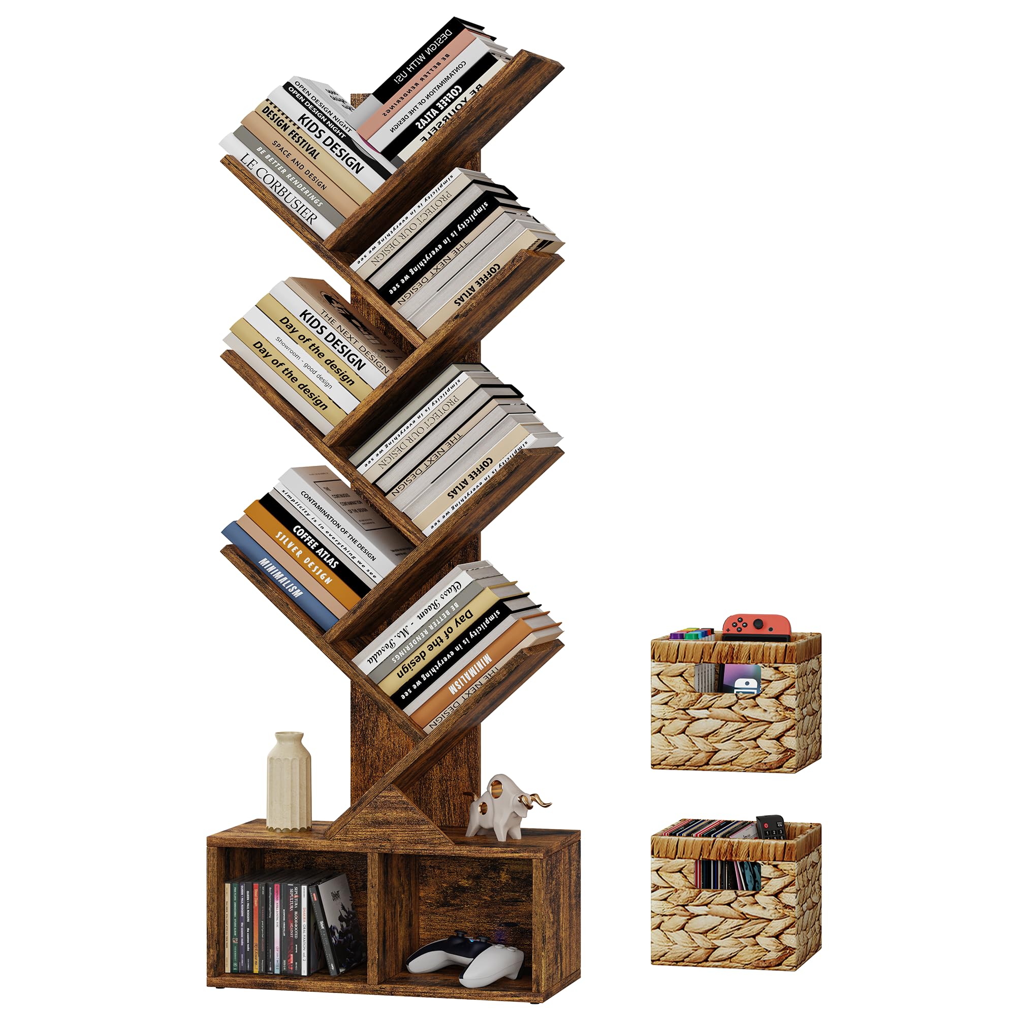 Vagusicc Tree Bookshelf, 6 Tier Bookshelf with Storage, Tall Narrow Bookcase, Rustic Wood Book Storage Rack for CDs/Books, Small Book Organizer Shelves for Bedroom, Living Room, Home Office, Brown
