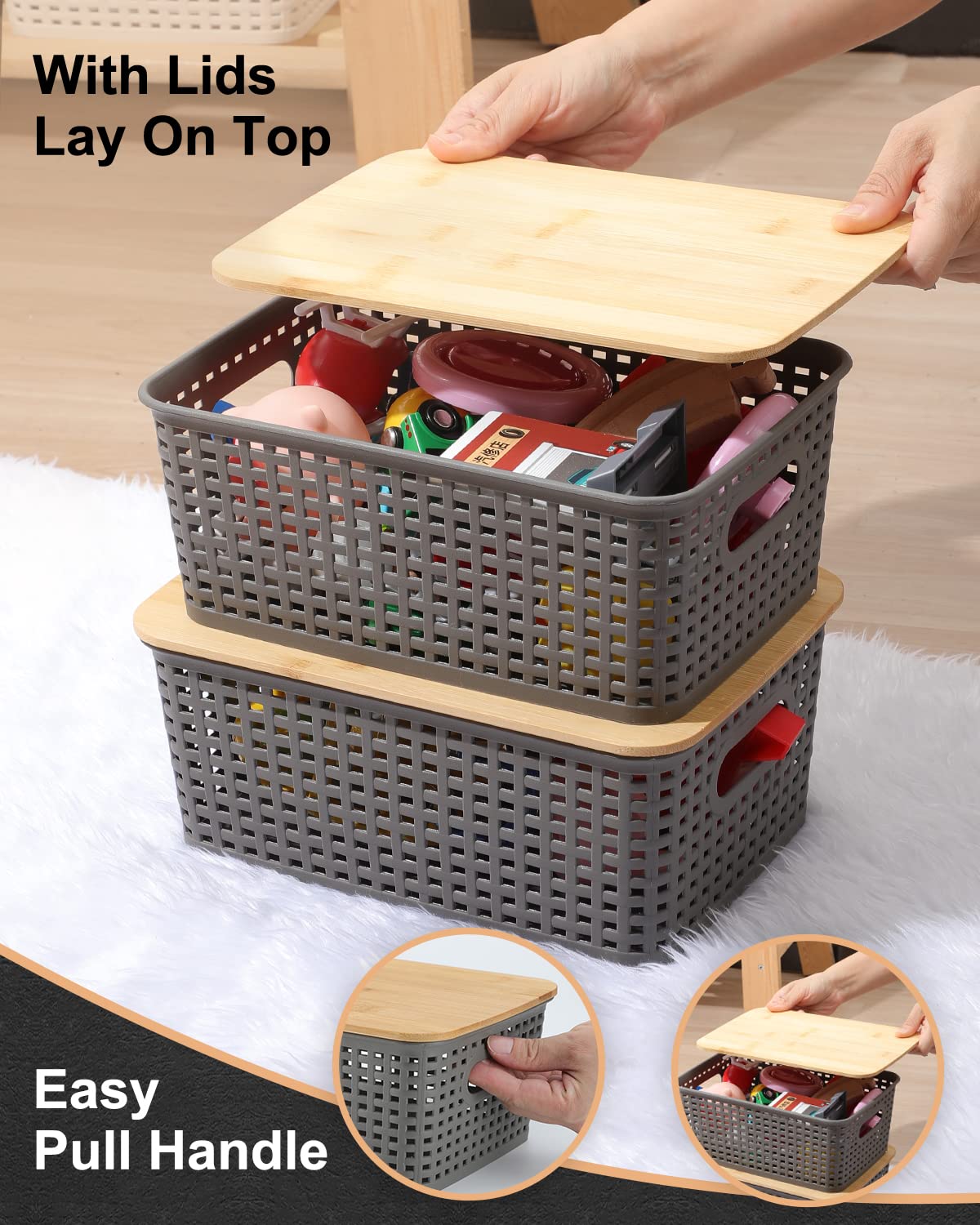 Storage Bins with Bamboo Lids Set of 6 Lidded Storage Container Plastic Baskets Organizer Bins for Organizing Kithen Room Bedroom Office Closet, Sturdy(Grey)