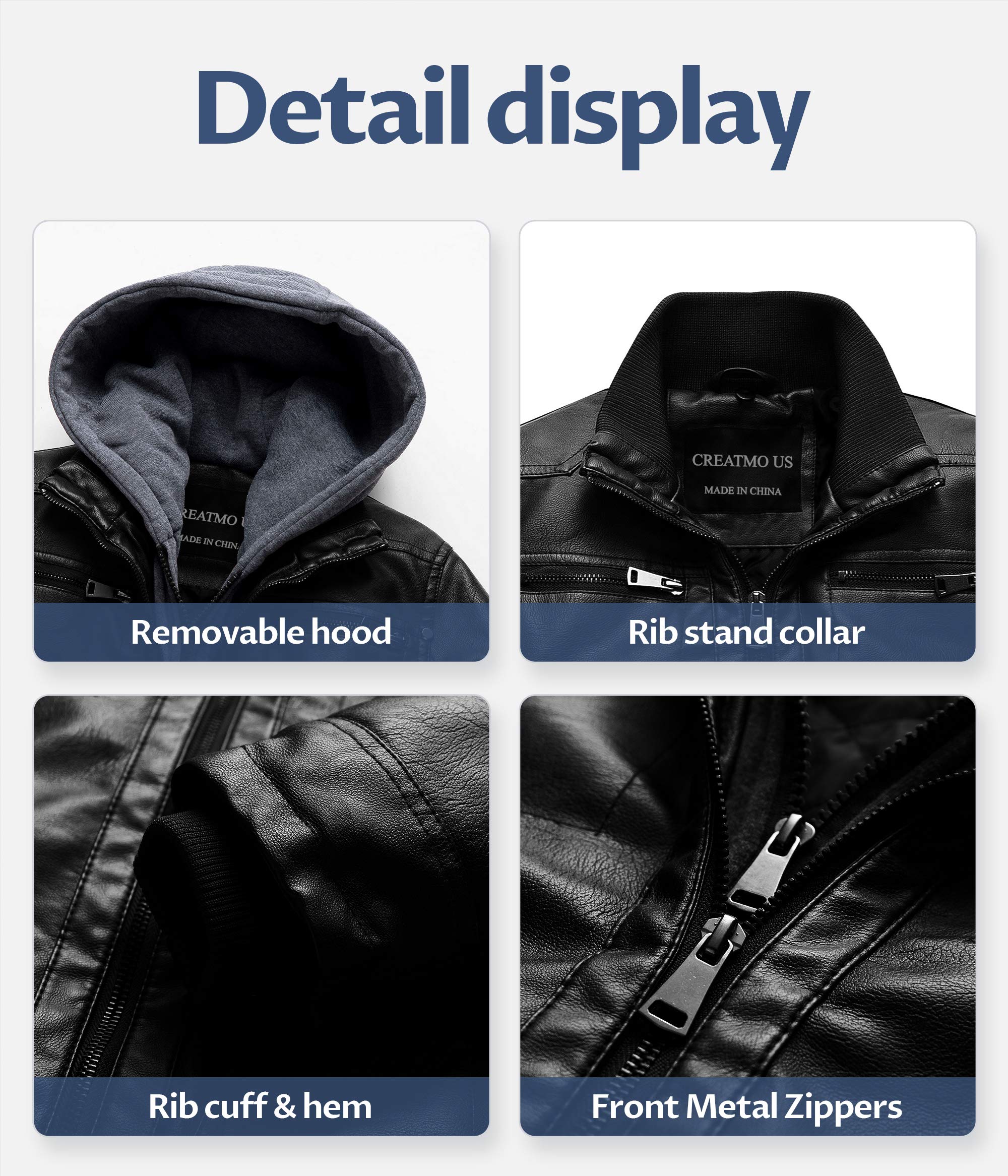 CREATMO US Men's Faux Leather Jacket Vintage Motorcycle Jacket Classic Biker Jacket Black L
