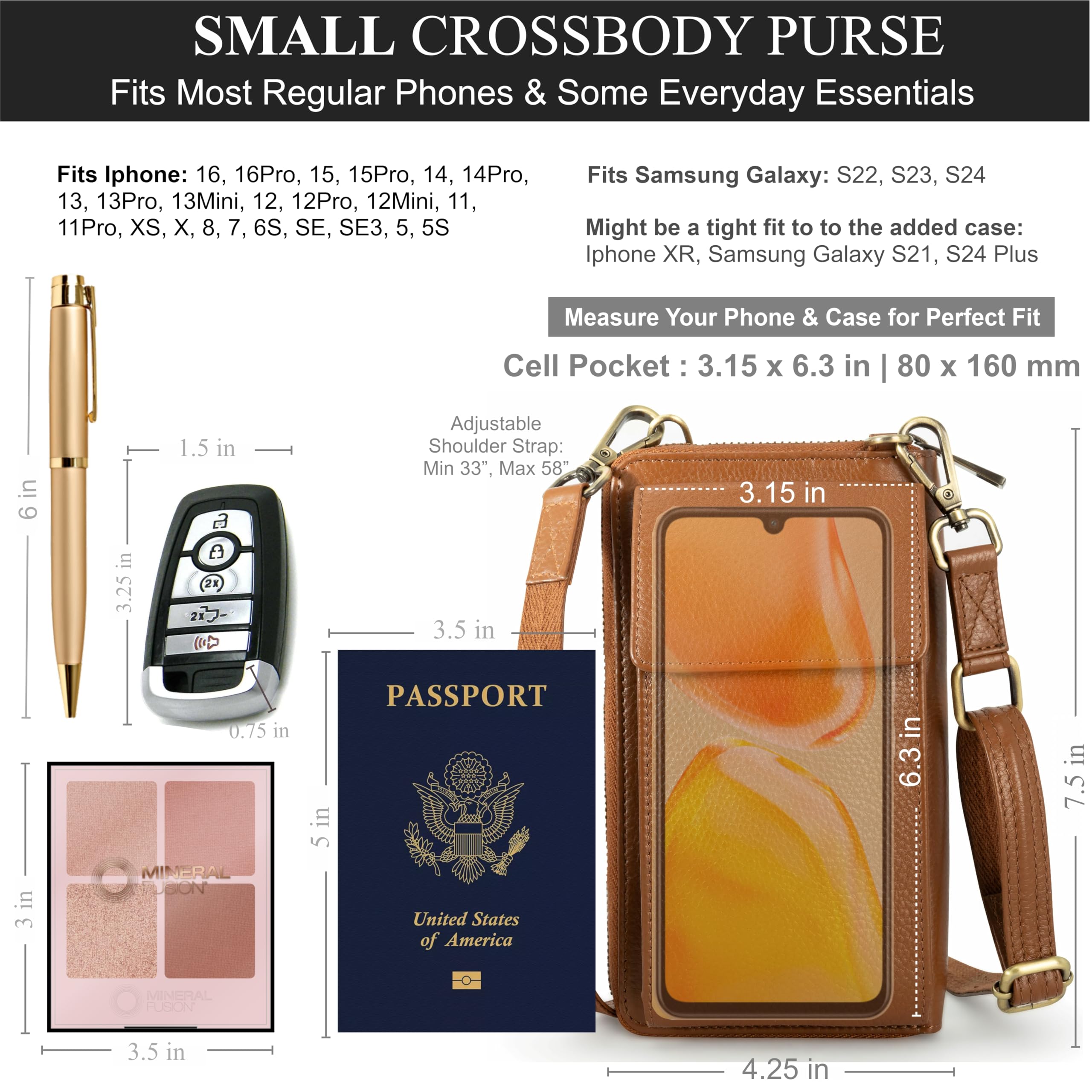 BULL GUARD Crossbody Leather Wallet Phone Purse, Anti Theft and RFID Blocking, Small Elegant Design for Travel