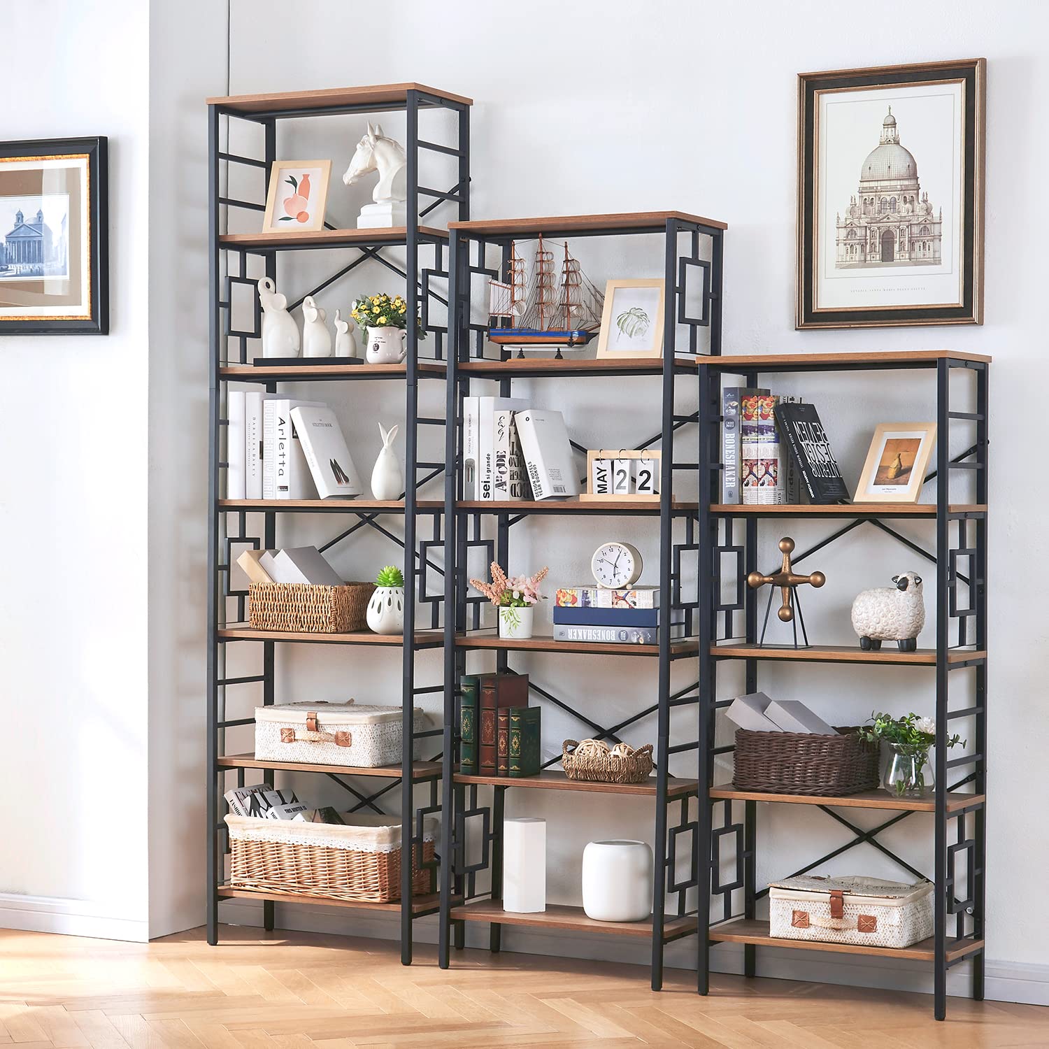 HOMISSUE Bookcase,6-Tier Tall Bookshelf Metal Bookcase and Bookshelves, Free Standing Storage Modern Bookshelf for Home Office Living Room and Bedroom, Rustic Brown