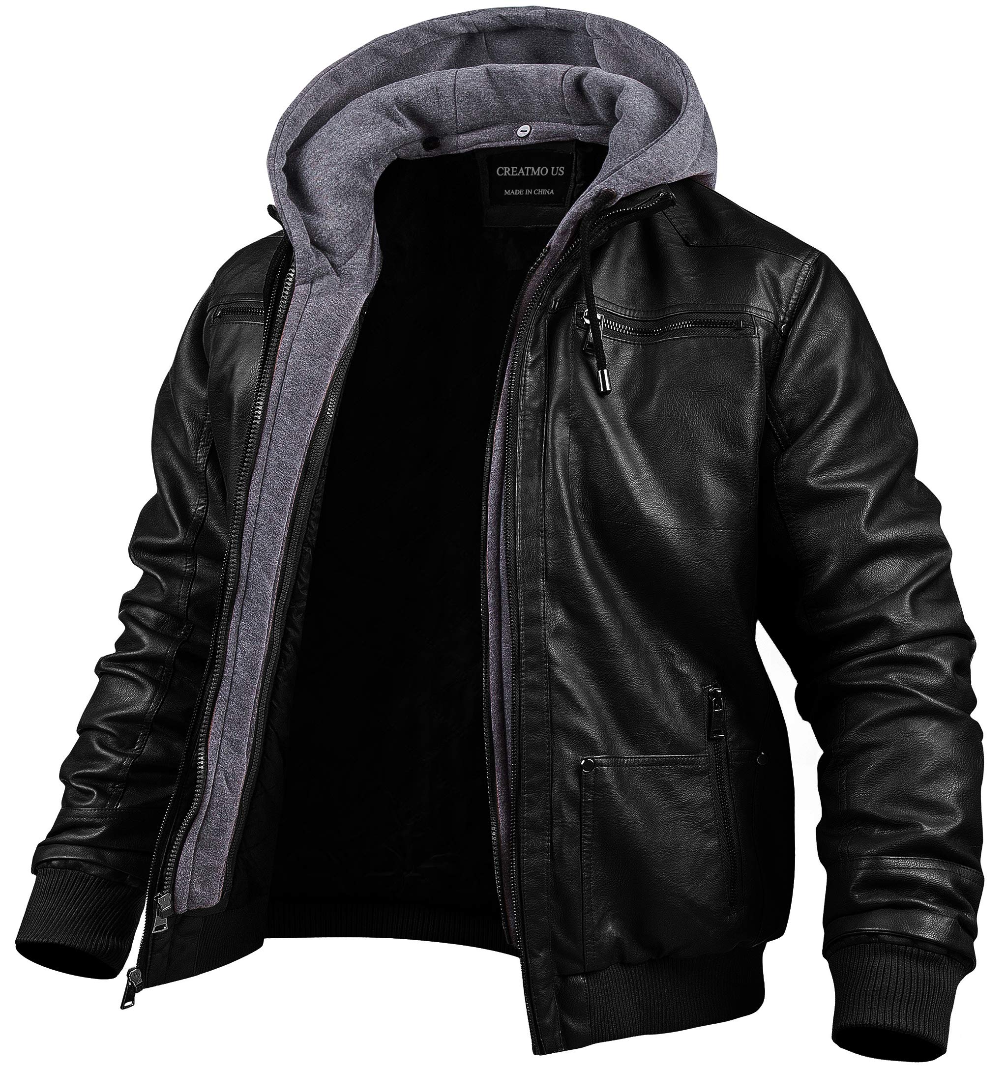 CREATMO US Men's Faux Leather Jacket Vintage Motorcycle Jacket Classic Biker Jacket Black L
