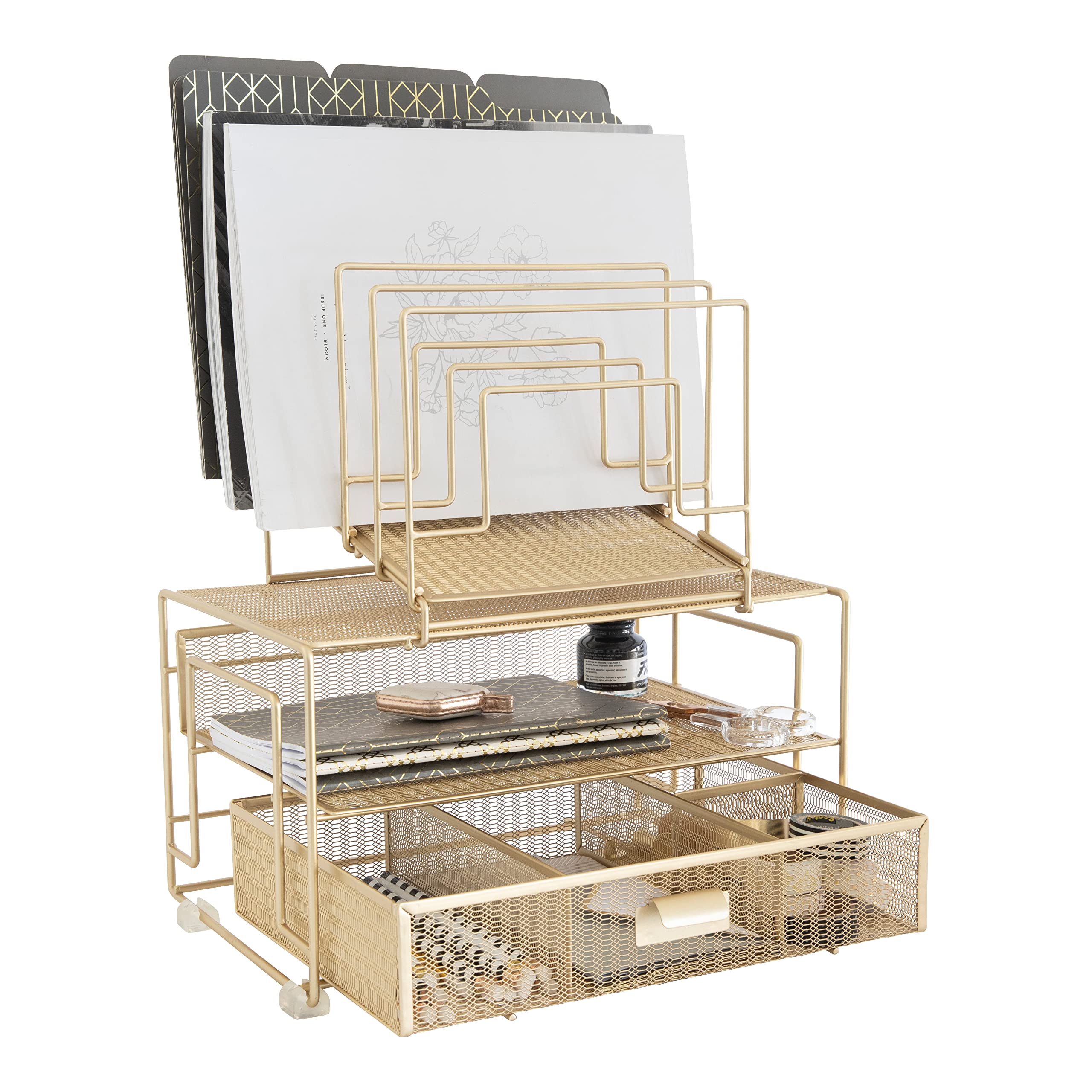 BLU MONACO Workspace Gold Desk Organizer and Accessories Desktop Rack with File sorters and Drawer for Office Supplies, Paper, Device and Folder