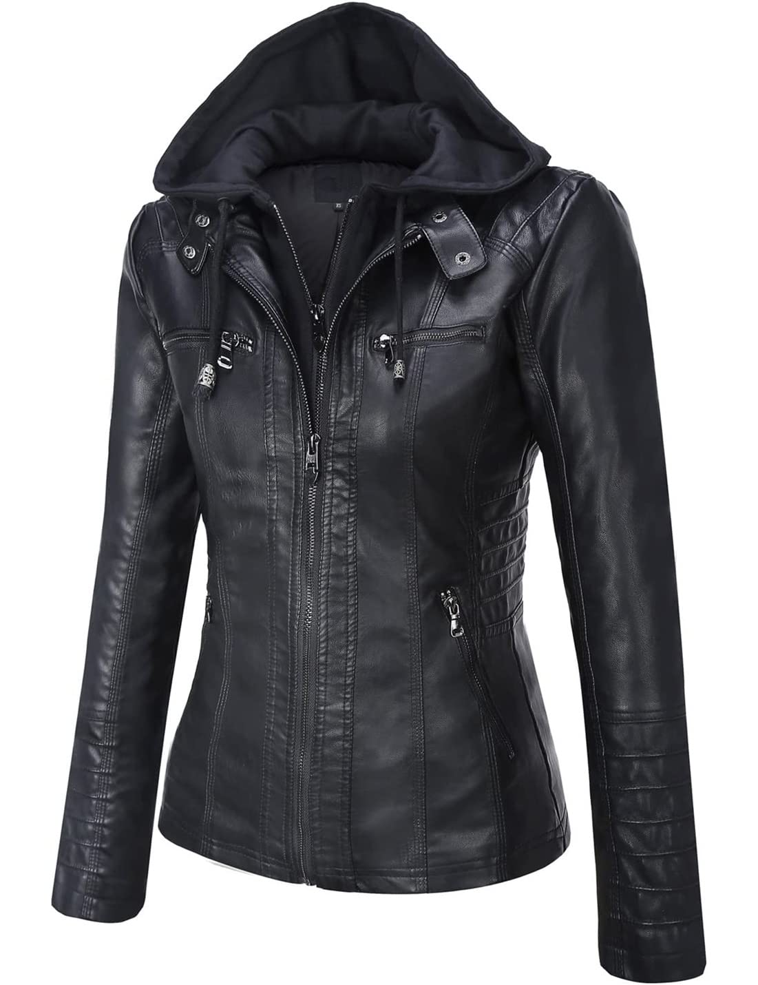 Springrain Women's Faux Leather Jacket Moto Biker Coat with Detachable Hood Motorcycle Jacket (Medium, Black)