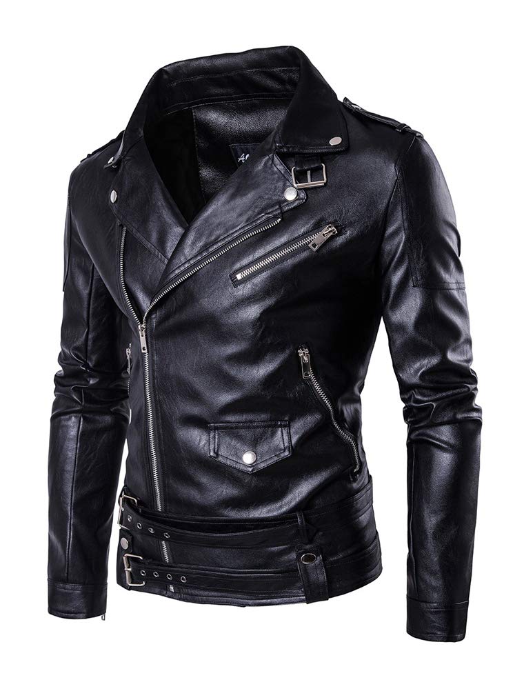 PASOK Men's PU Leather Jacket Causal Belted Faux Leather Motorcycle Jacket Zipper Biker Coat Black XL