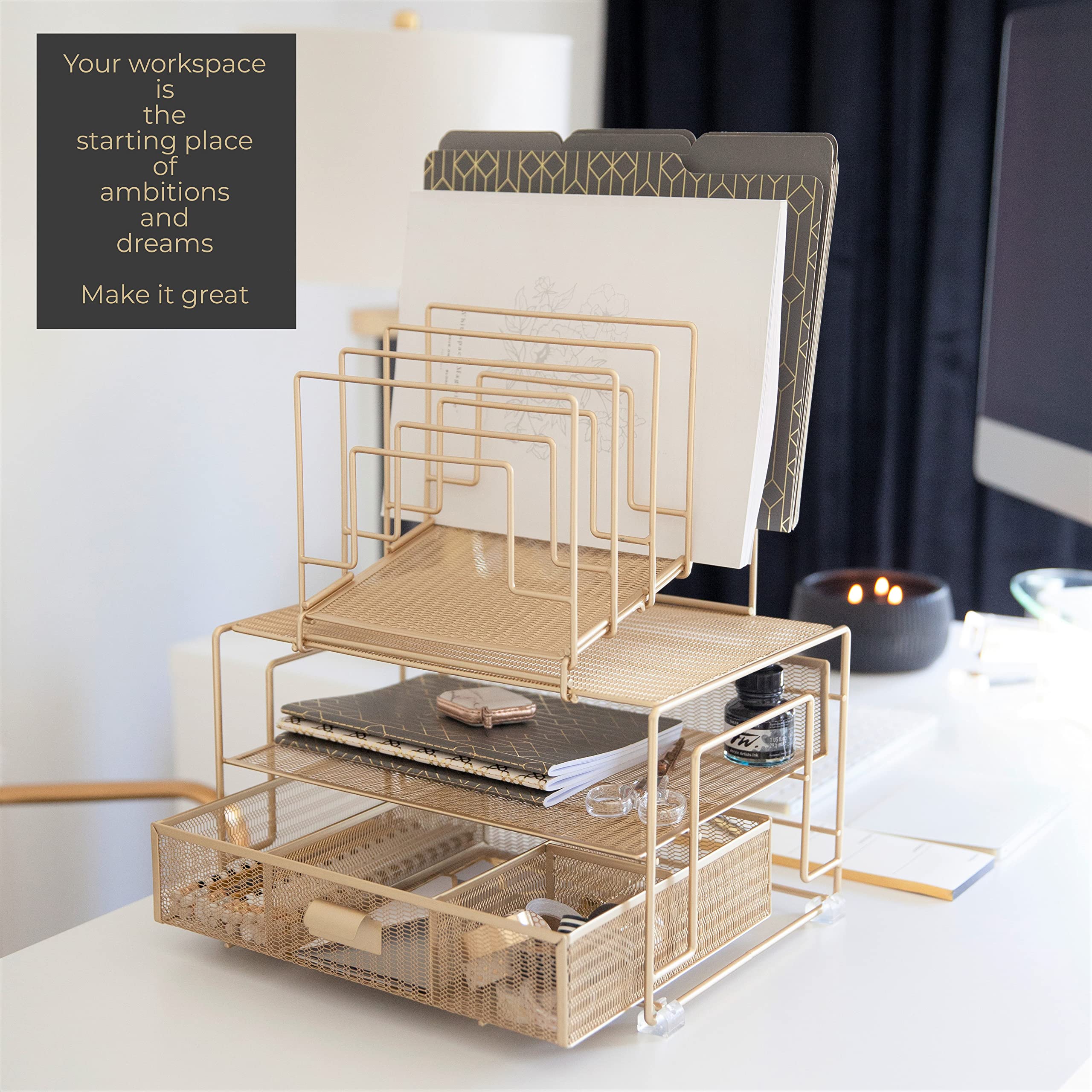 BLU MONACO Workspace Gold Desk Organizer and Accessories Desktop Rack with File sorters and Drawer for Office Supplies, Paper, Device and Folder