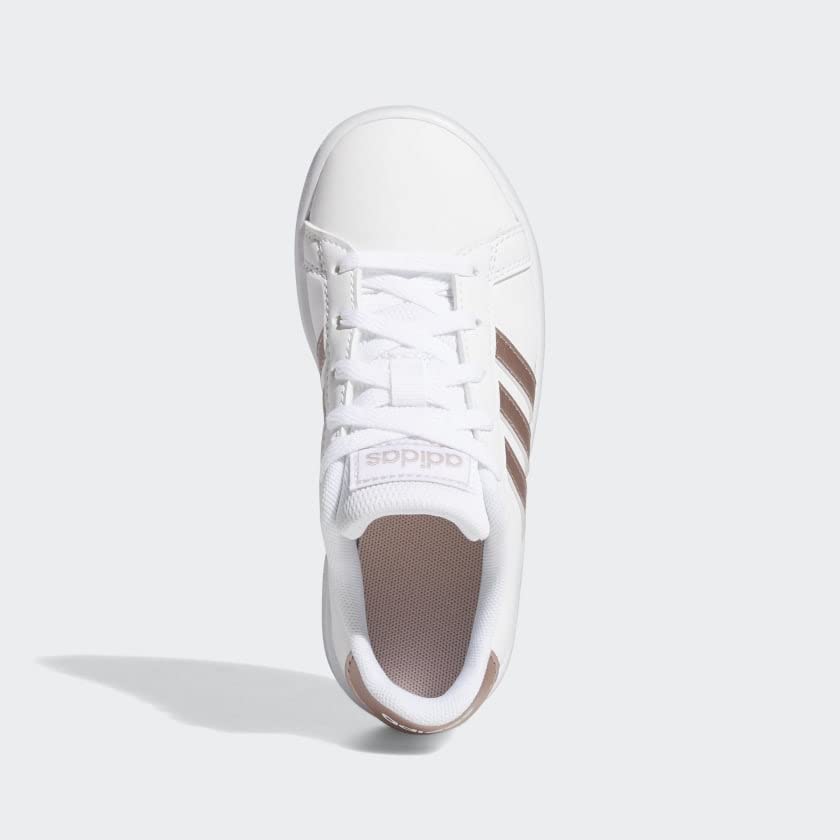 adidas Kids’ Grand Court K Sneaker, White/Copper Metallic/Glow Pink, 2 M US Little Kid