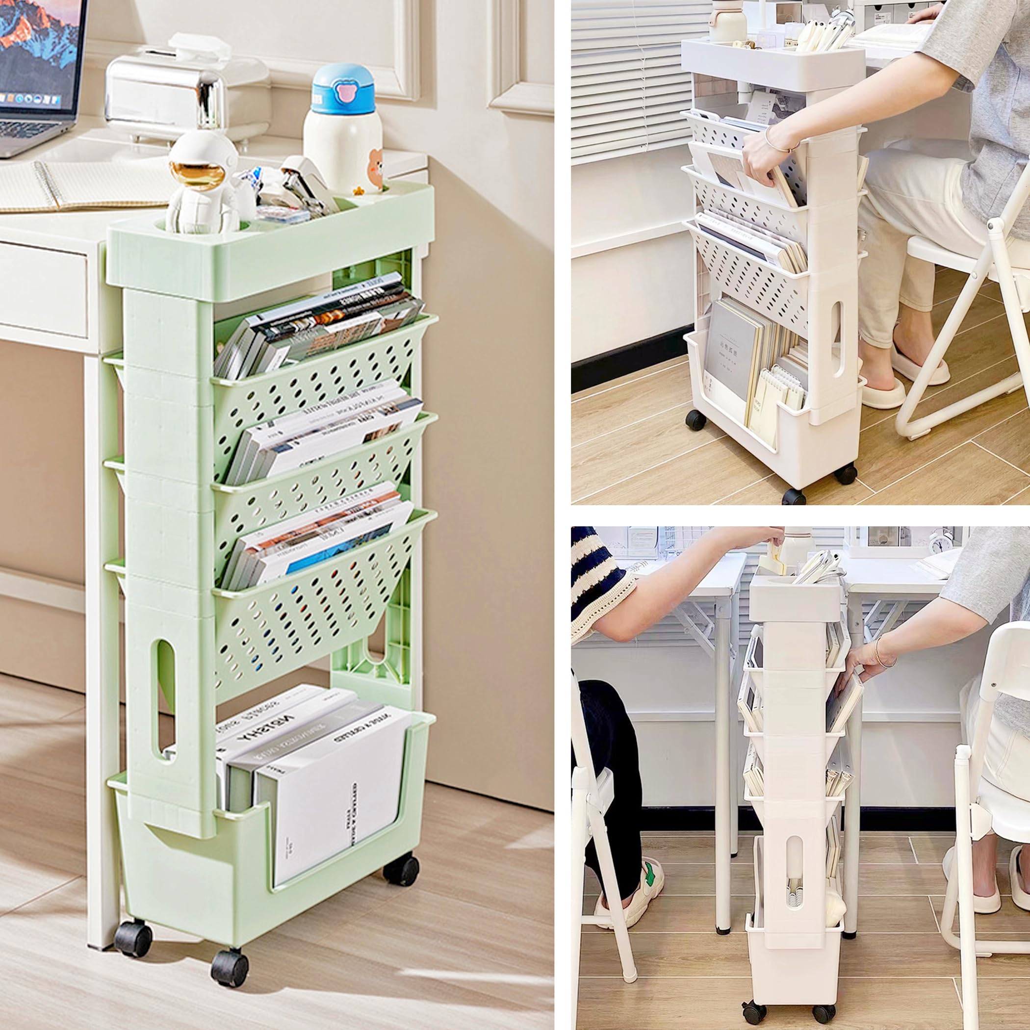 YEMUNY 5 Tier Rolling Utility Cart Multi-Functional Movable Storage Book Shelves with Lockable Casters for Study Office Kitchen Classroom, Light Green