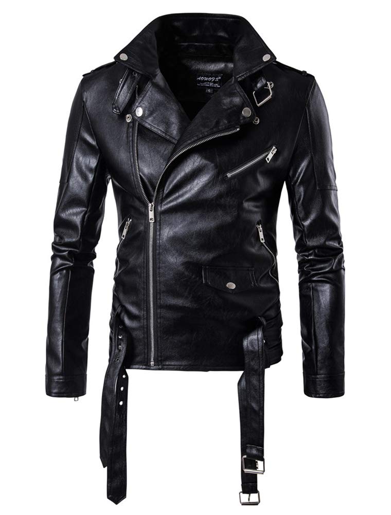 PASOK Men's PU Leather Jacket Causal Belted Faux Leather Motorcycle Jacket Zipper Biker Coat Black XL