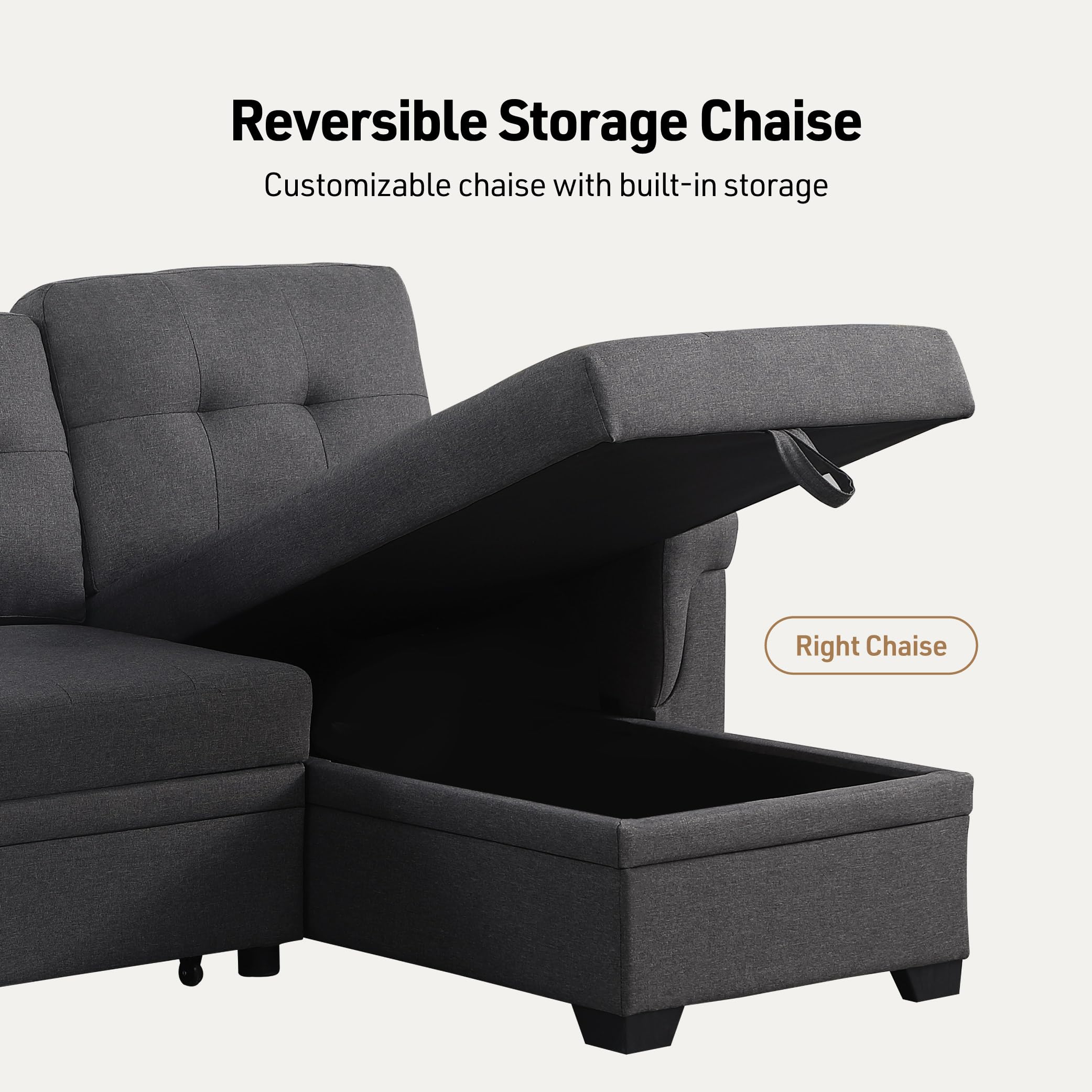 Lilola Home Lucca Dark Gray Linen Reversible Sleeper Sectional Sofa with Storage Chaise