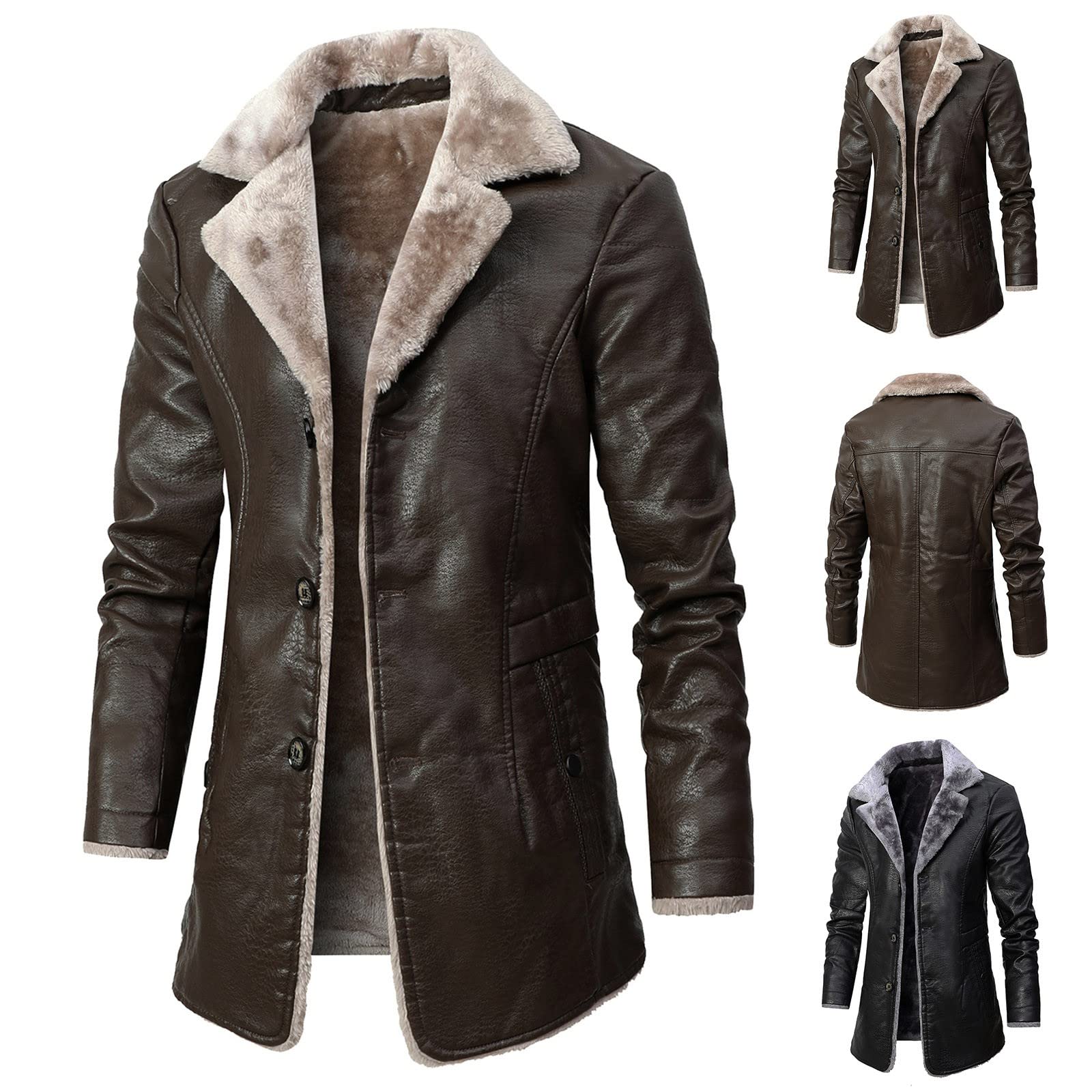 Hatop Men's Winter Fleece Jacket Sherpa Lined Faux Leather Jacket Warm Outwear Coat with Fur Collar, Brown, X-Large