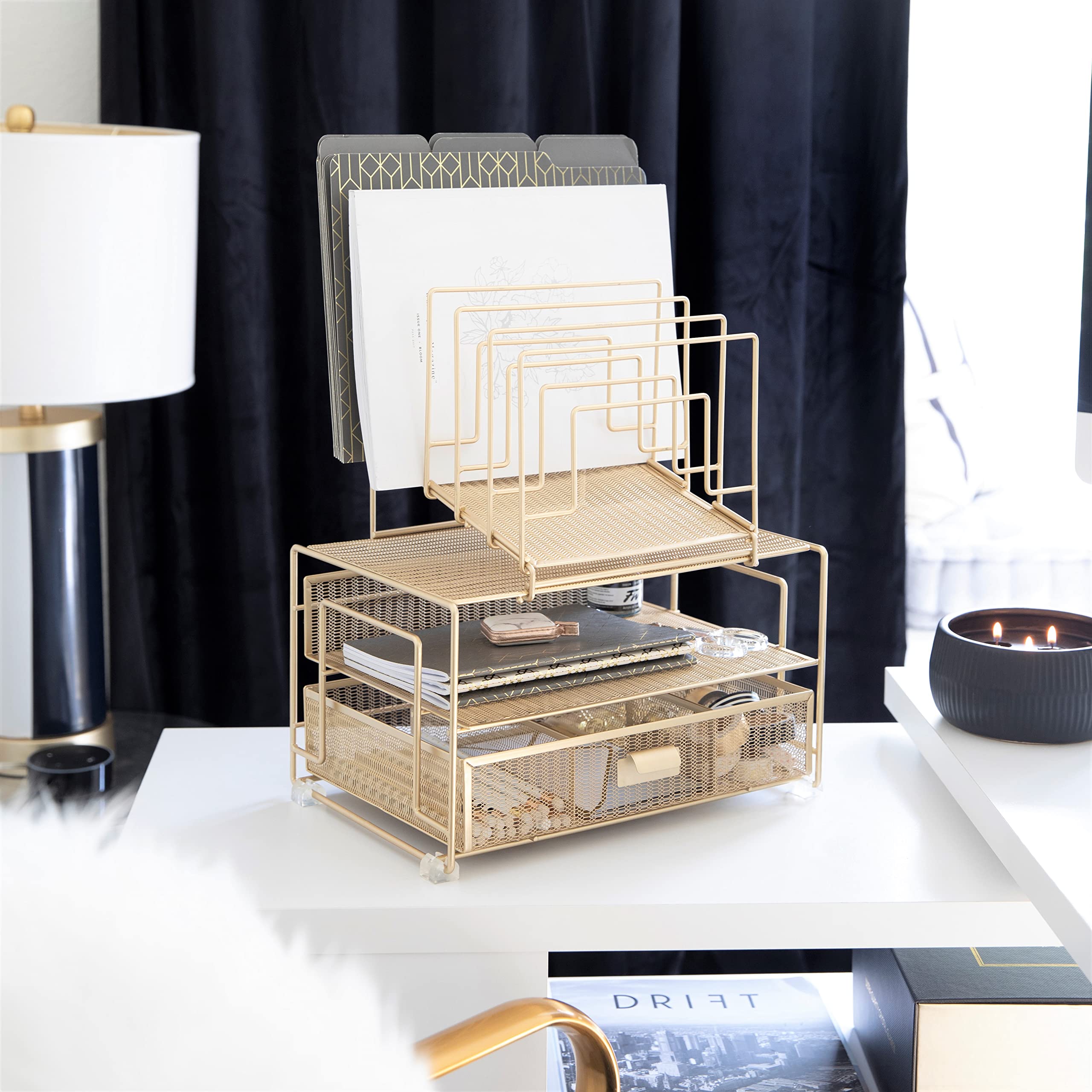 BLU MONACO Workspace Gold Desk Organizer and Accessories Desktop Rack with File sorters and Drawer for Office Supplies, Paper, Device and Folder
