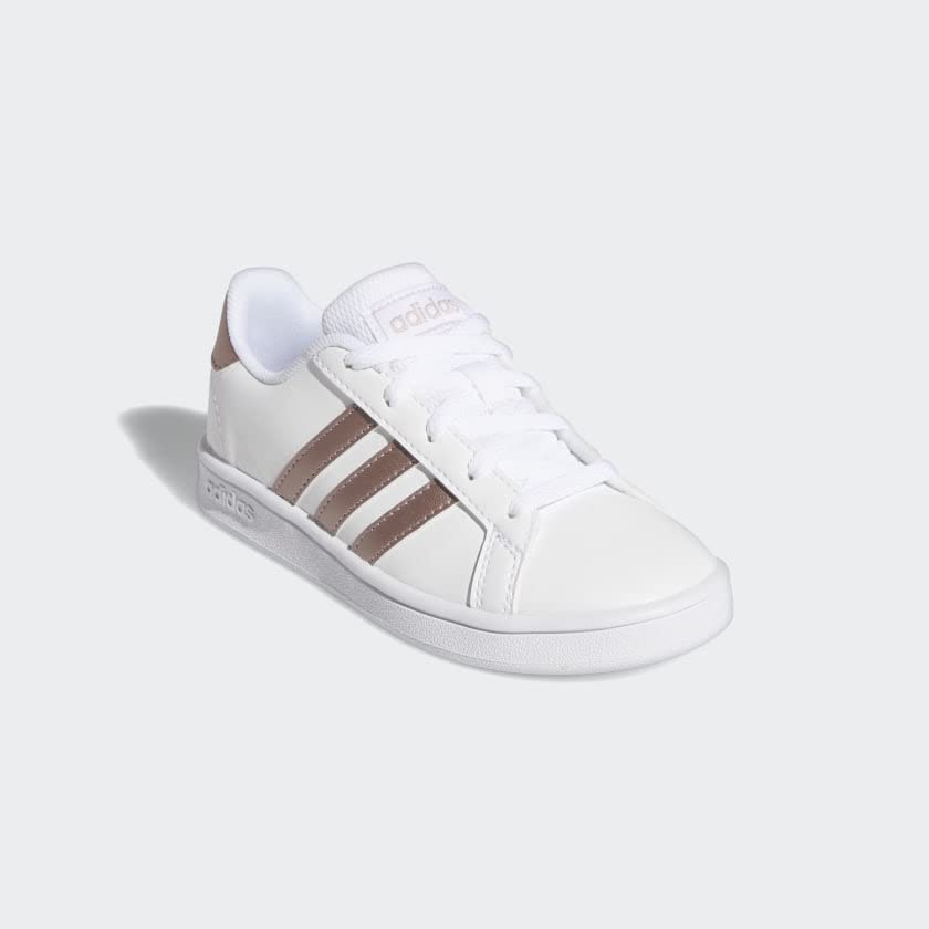 adidas Kids’ Grand Court K Sneaker, White/Copper Metallic/Glow Pink, 2 M US Little Kid