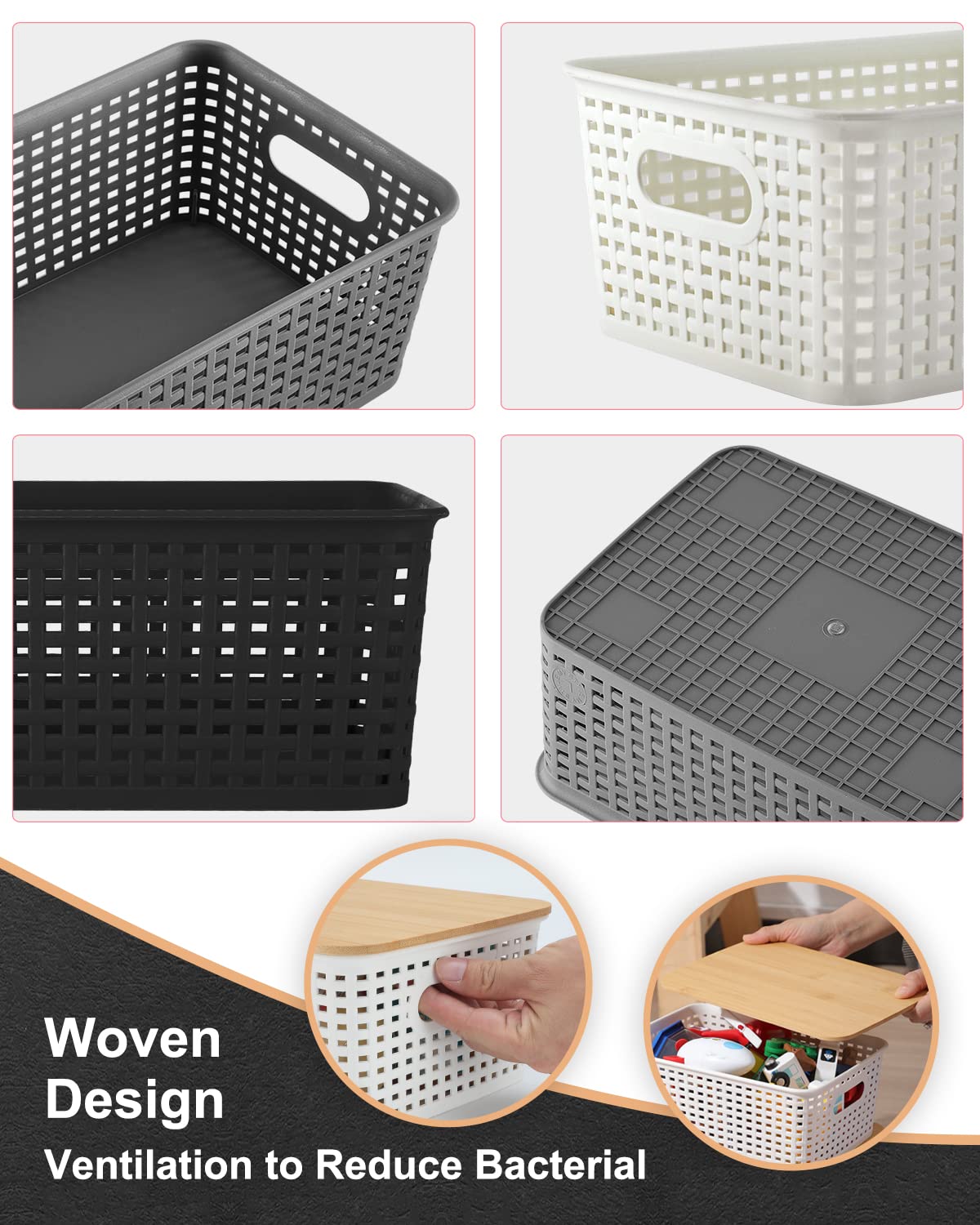 Storage Bins with Bamboo Lids Set of 6 Lidded Storage Container Plastic Baskets Organizer Bins for Organizing Kithen Room Bedroom Office Closet, Sturdy(Grey)