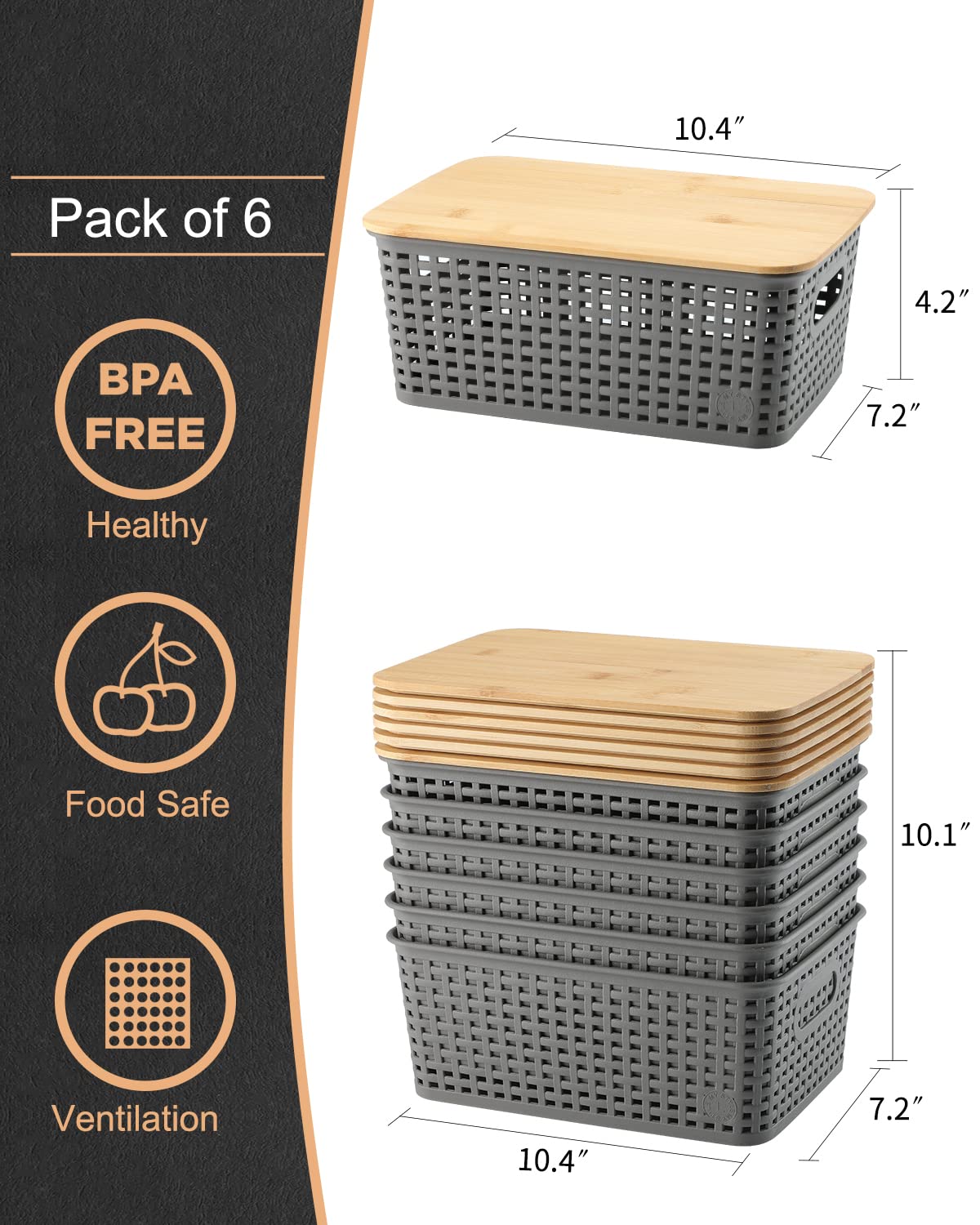 Storage Bins with Bamboo Lids Set of 6 Lidded Storage Container Plastic Baskets Organizer Bins for Organizing Kithen Room Bedroom Office Closet, Sturdy(Grey)