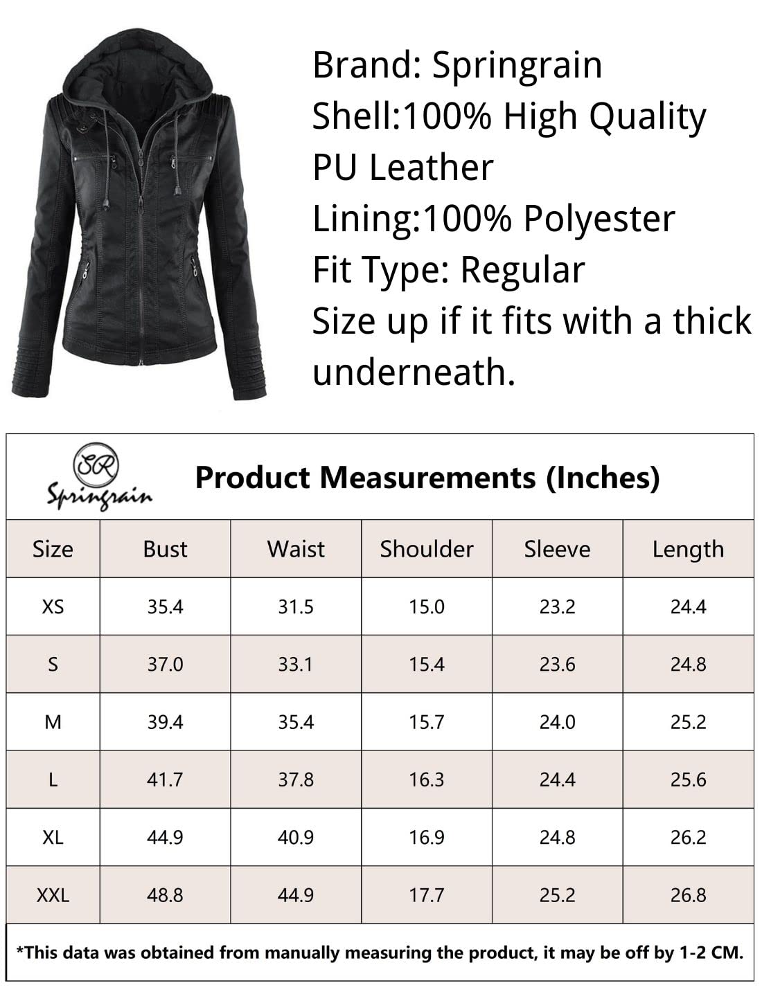 Springrain Women's Faux Leather Jacket Moto Biker Coat with Detachable Hood Motorcycle Jacket (Medium, Black)