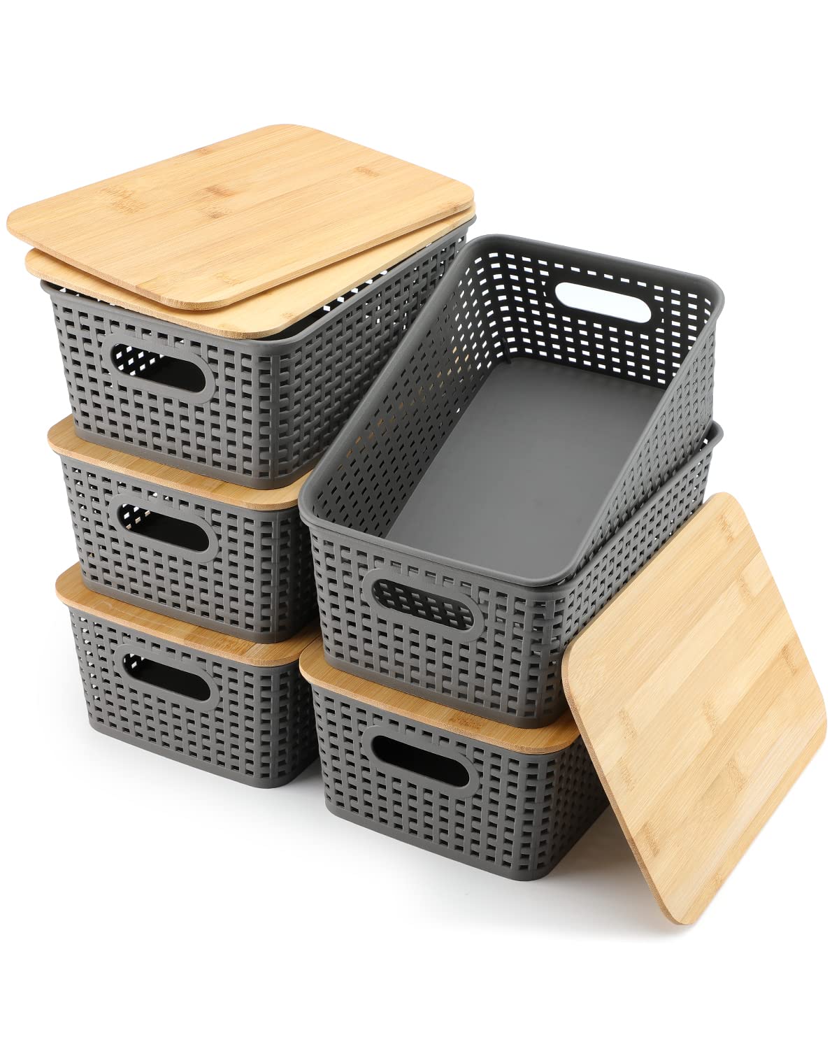 Storage Bins with Bamboo Lids Set of 6 Lidded Storage Container Plastic Baskets Organizer Bins for Organizing Kithen Room Bedroom Office Closet, Sturdy(Grey)