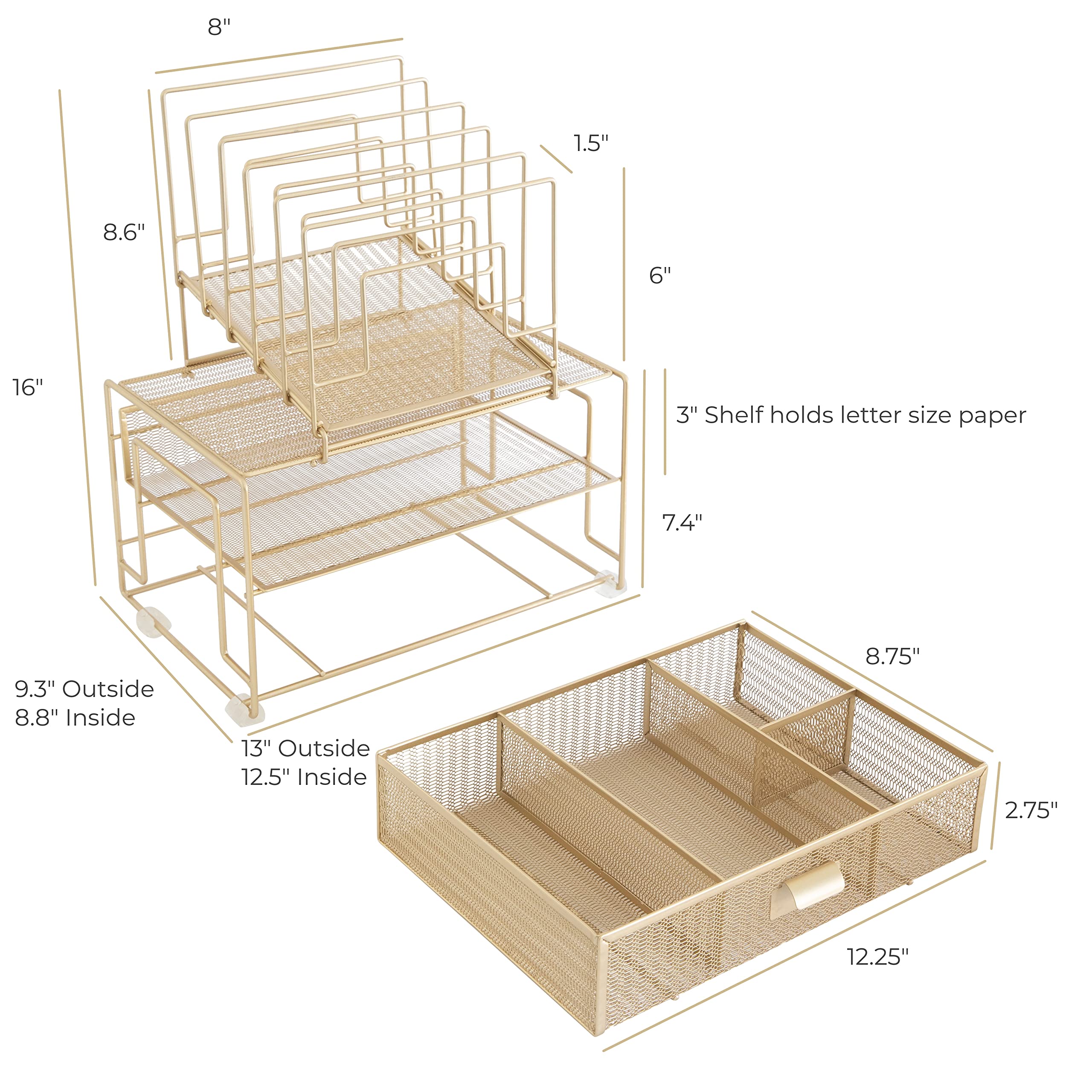 BLU MONACO Workspace Gold Desk Organizer and Accessories Desktop Rack with File sorters and Drawer for Office Supplies, Paper, Device and Folder