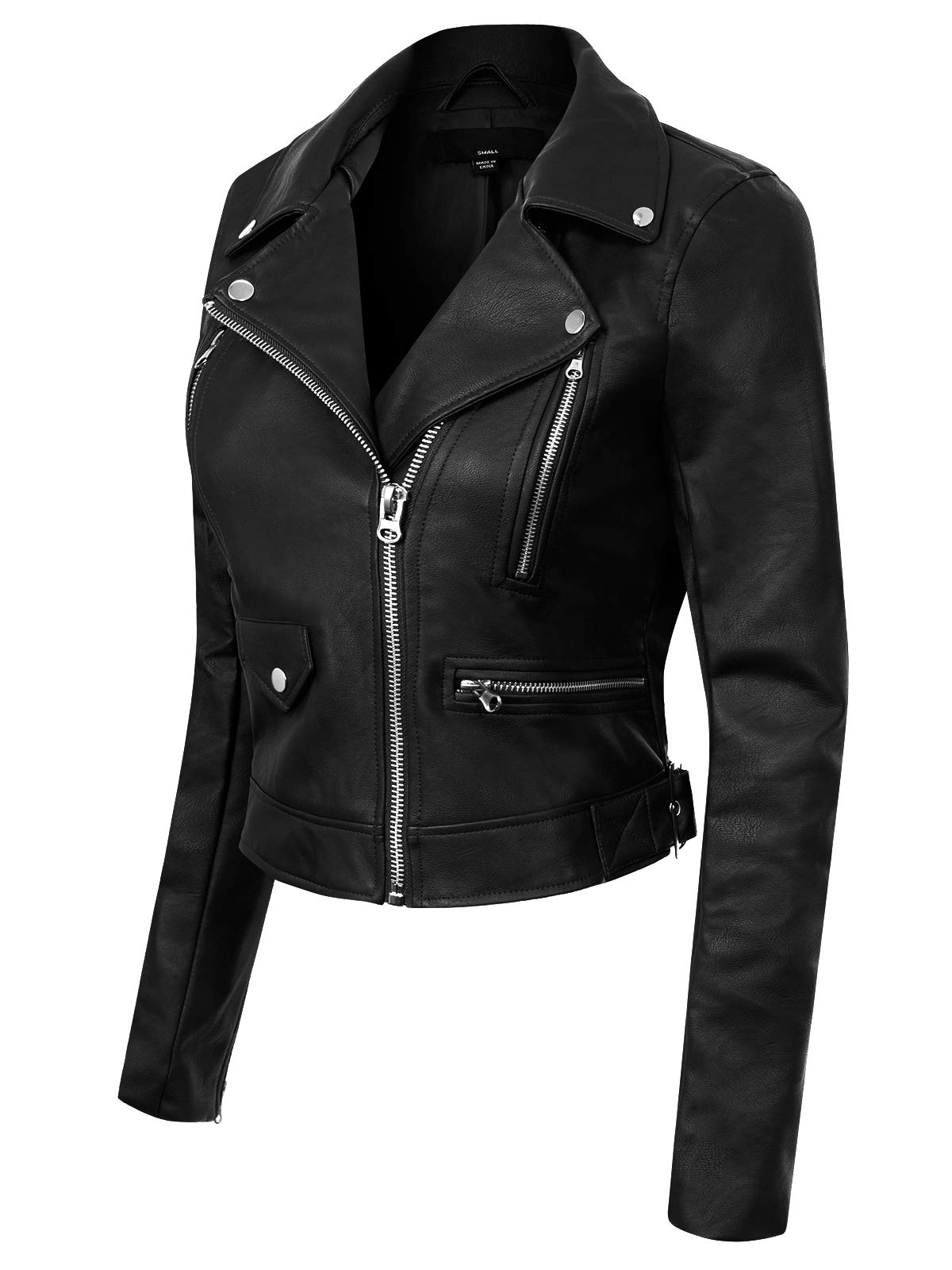 Design by Olivia Women's Long Sleeve Zipper Closure Moto Biker Faux Leather Jacket Black2 L