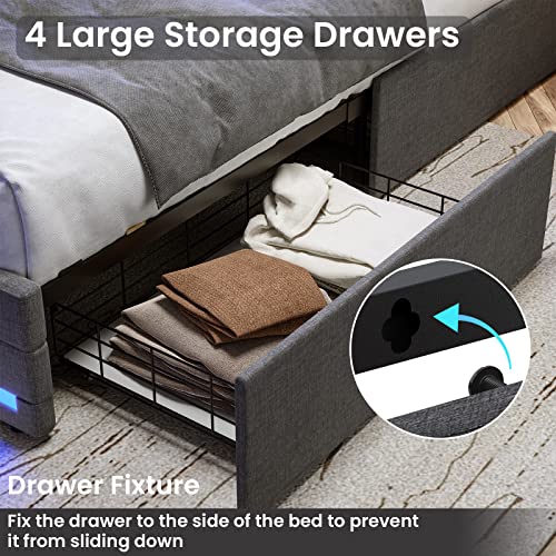 ADORNEVE Queen LED Bed Frame with 4 Drawers and 2 USB Charging Station, Queen Size Bed Frame with LED Lights Headboard Footboard, Upholstered Platform Bed with Storage, No Box Spring Needed, Dark Grey